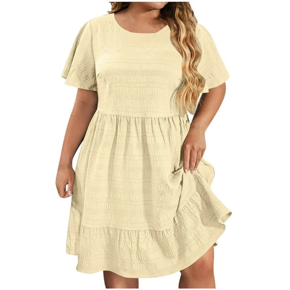 FAHXNVB Womens Plus Size Casual Dress Short Sleeve Crew Neck Tiered ...