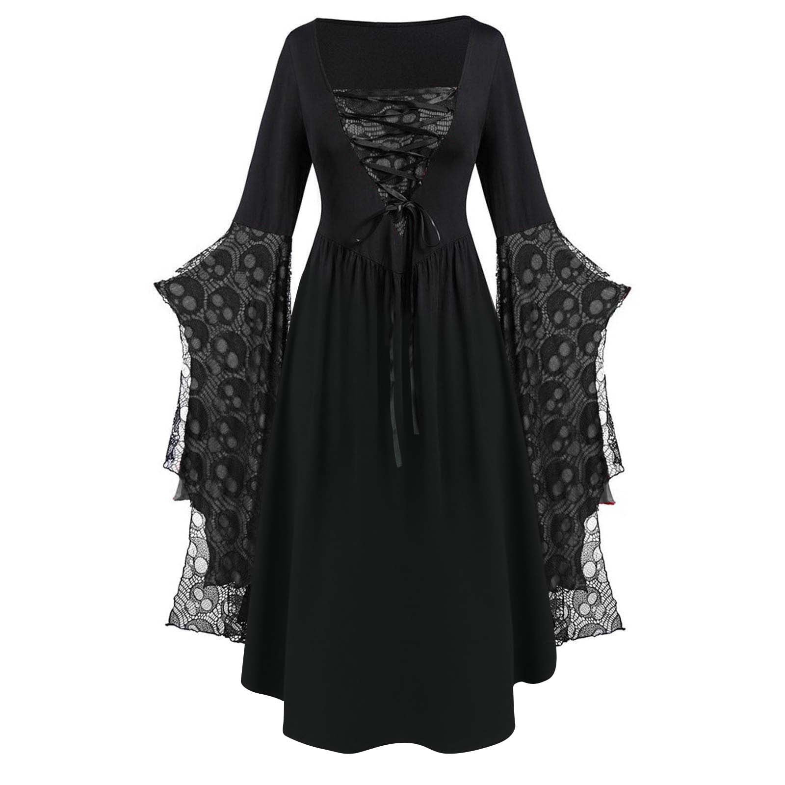 FAHXNVB Womens Witch Dress Medieval Gothic Bell Sleeve Skull Lace ...