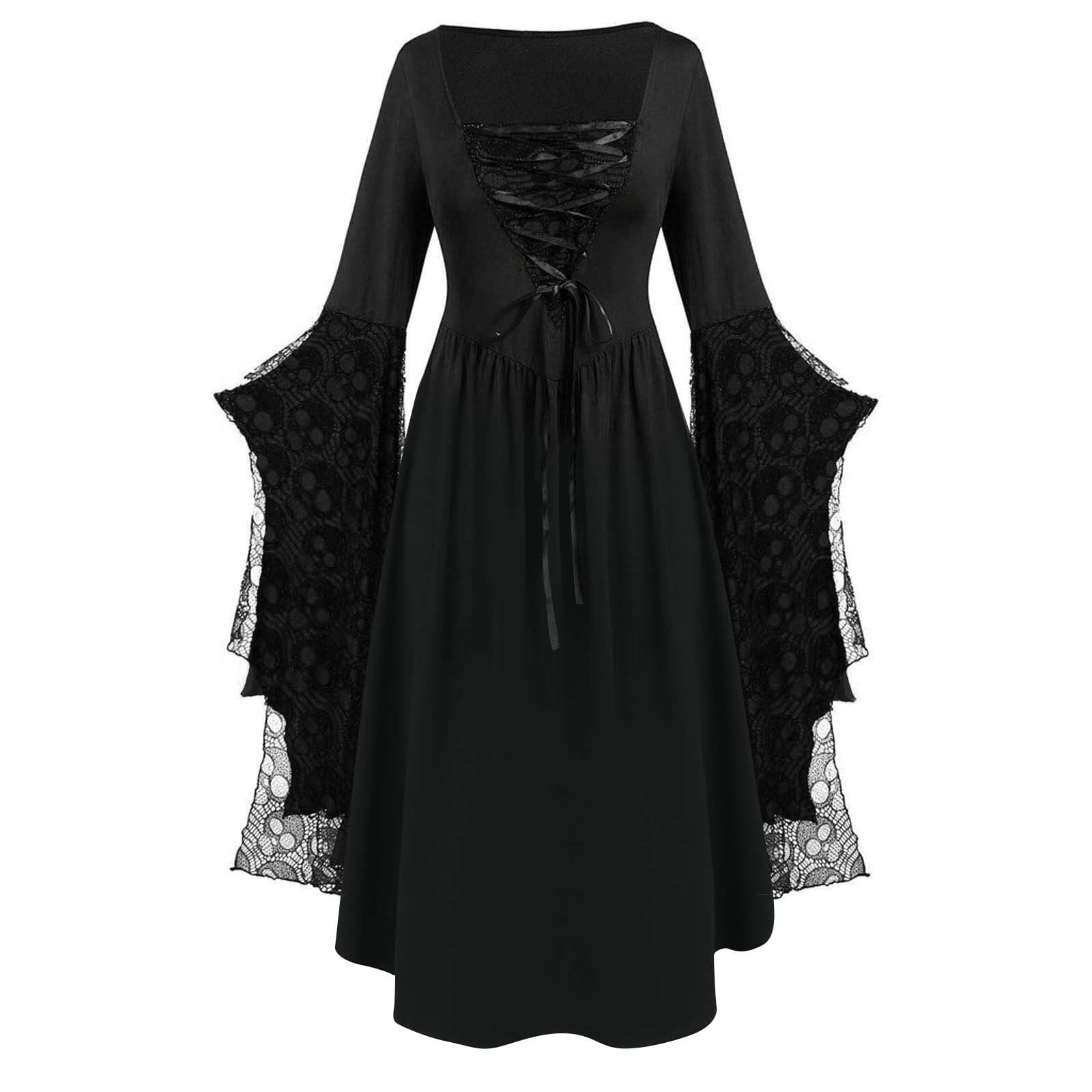 FAHXNVB Womens Witch Dress Medieval Gothic Bell Sleeve Skull Lace ...