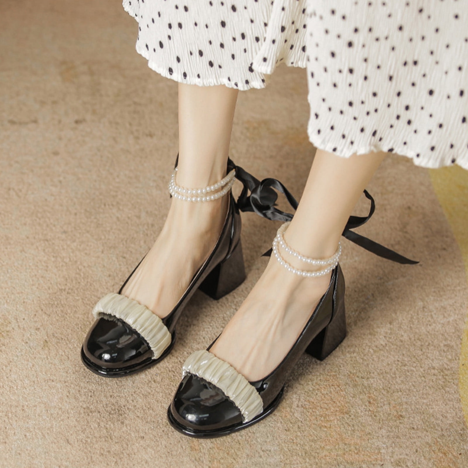 FAIOROI High Heels for Women Small Fragrant Style Round-toe Pearl ...