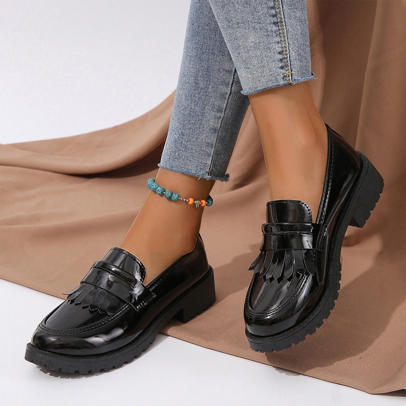 FAIOROI Womens Shoes Flats Slip Ons Work Daily Slip-on Tassel Leather ...