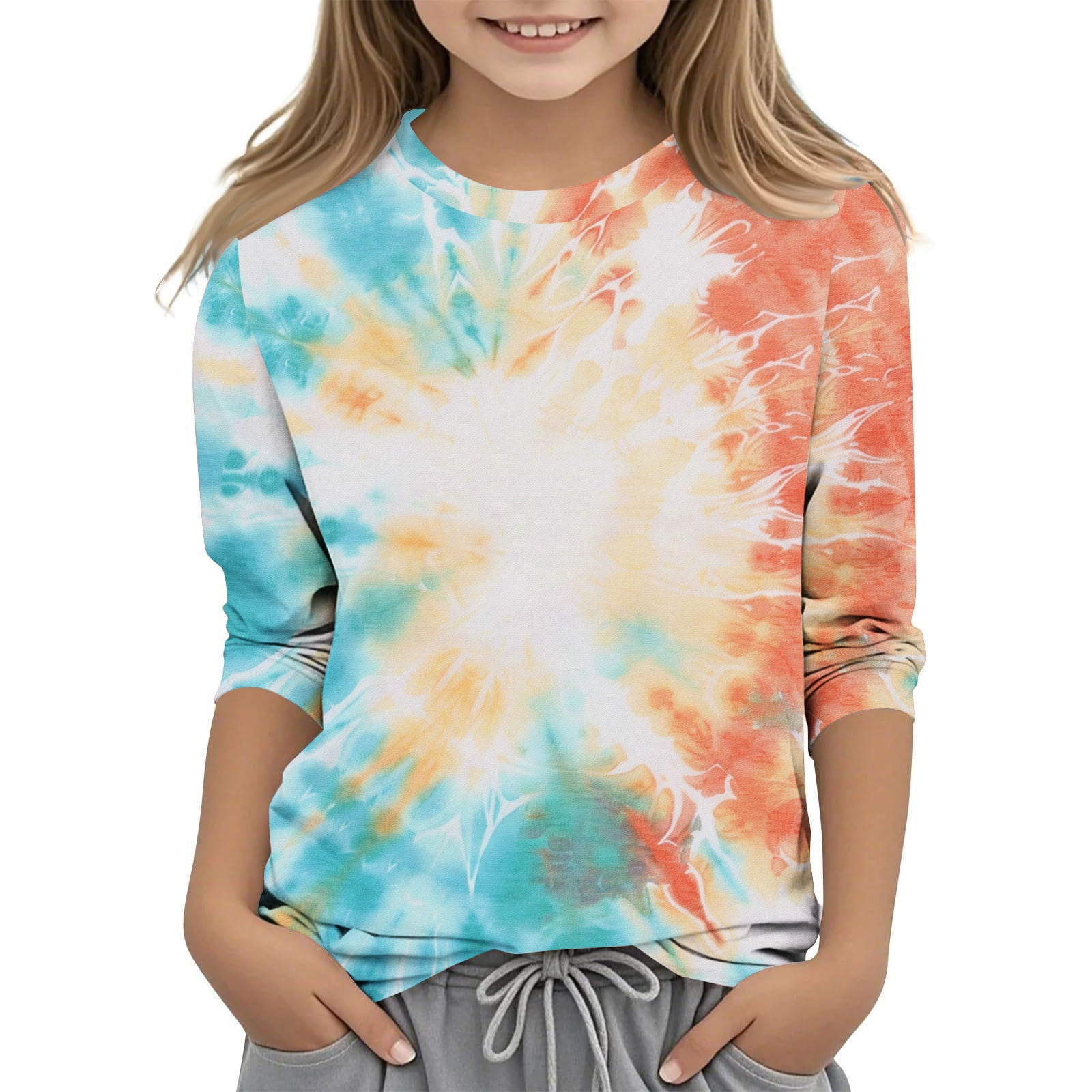 FAIWAD 3/4 Sleeve Tops for Girls Trendy Round Neck Tie Dye Print T-Shirts Casual Comfy Basic ...