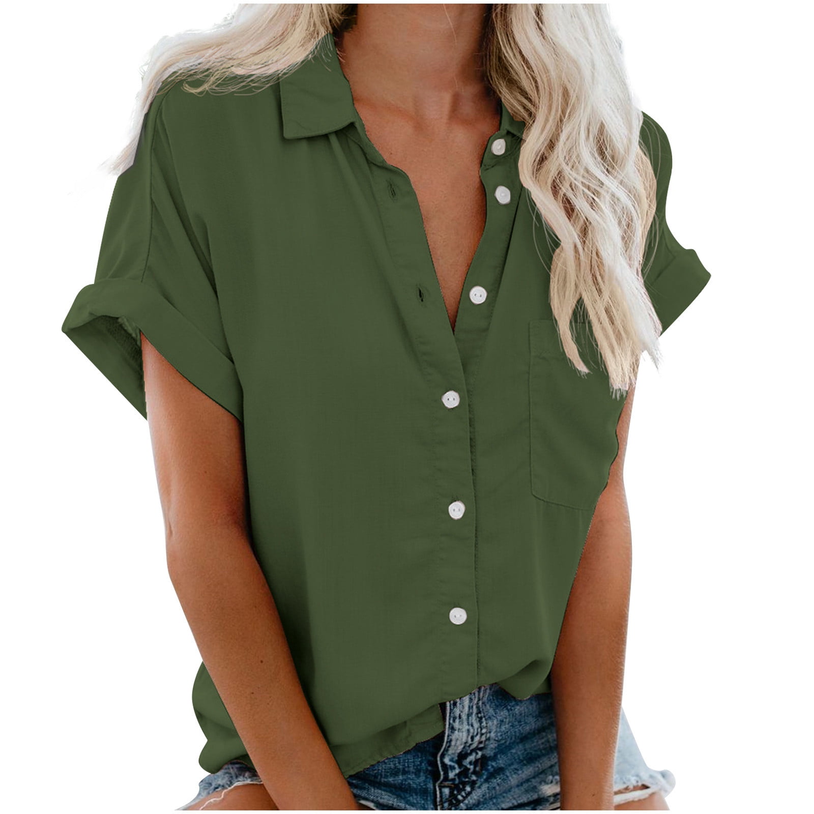 FAIWAD Casual Button down Tops for Women Short Cap Sleeve Collared ...