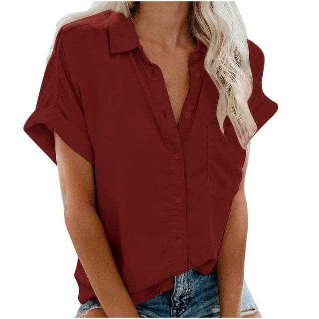 FAIWAD Casual Button down Tops for Women Short Cap Sleeve Collared ...