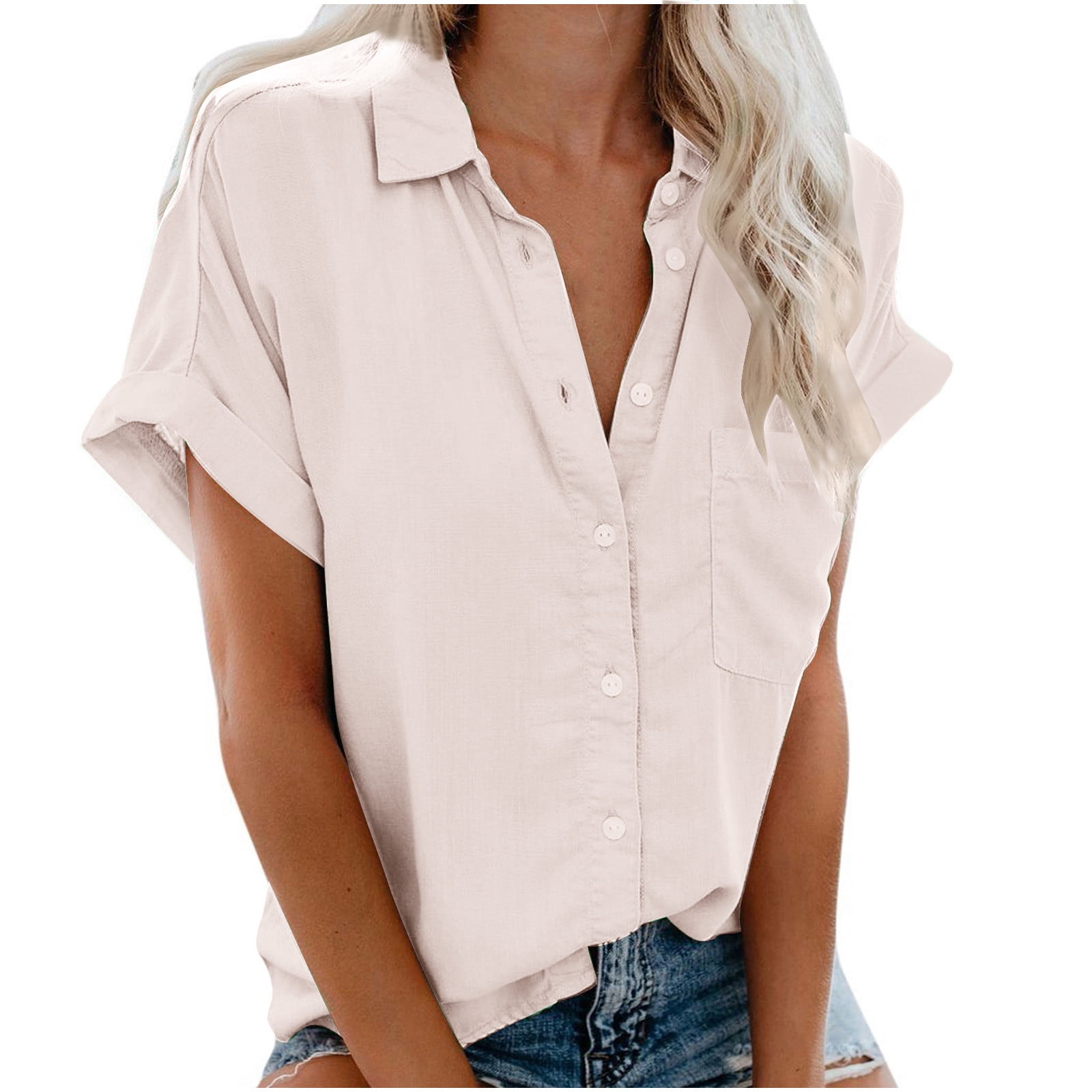 FAIWAD Casual Button down Tops for Women Short Cap Sleeve Collared ...