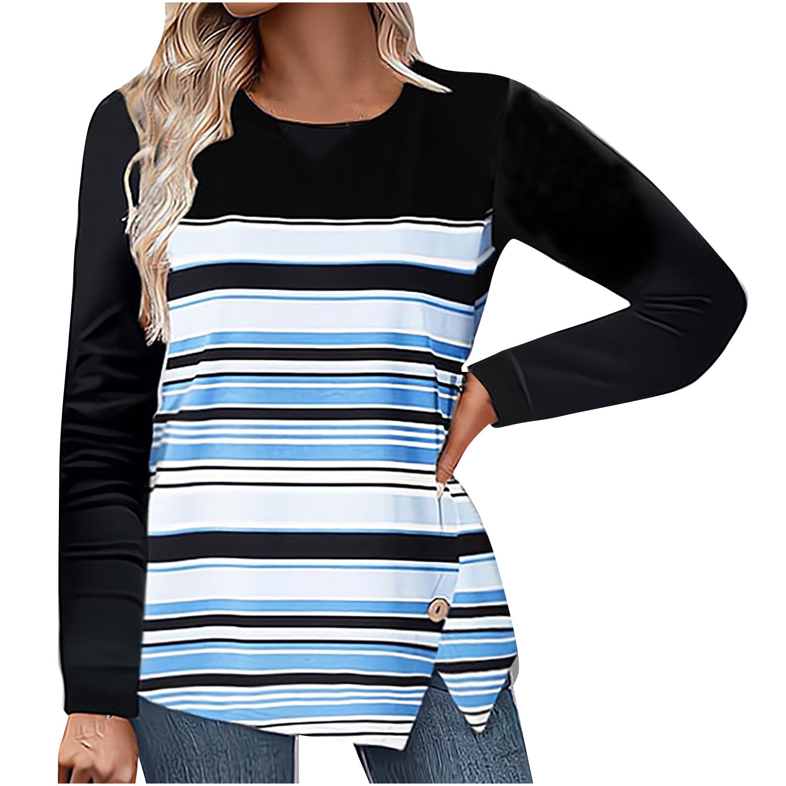 FAIWAD Color Block Button T-Shirts for Women Casual Round Neck Long ...