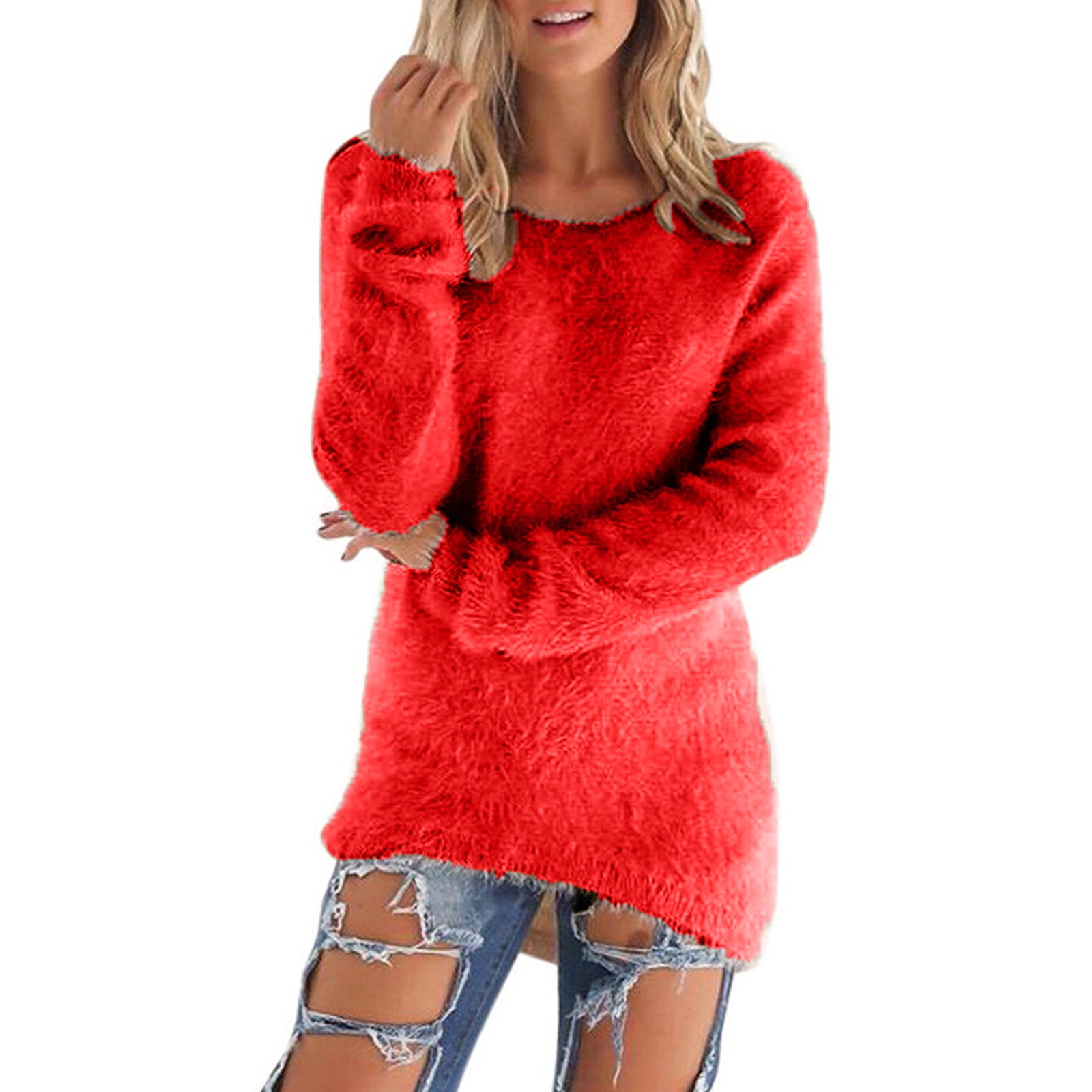 FAIWAD Fleece Sweater for Women Round Neck Long Sleeve Solid Color ...