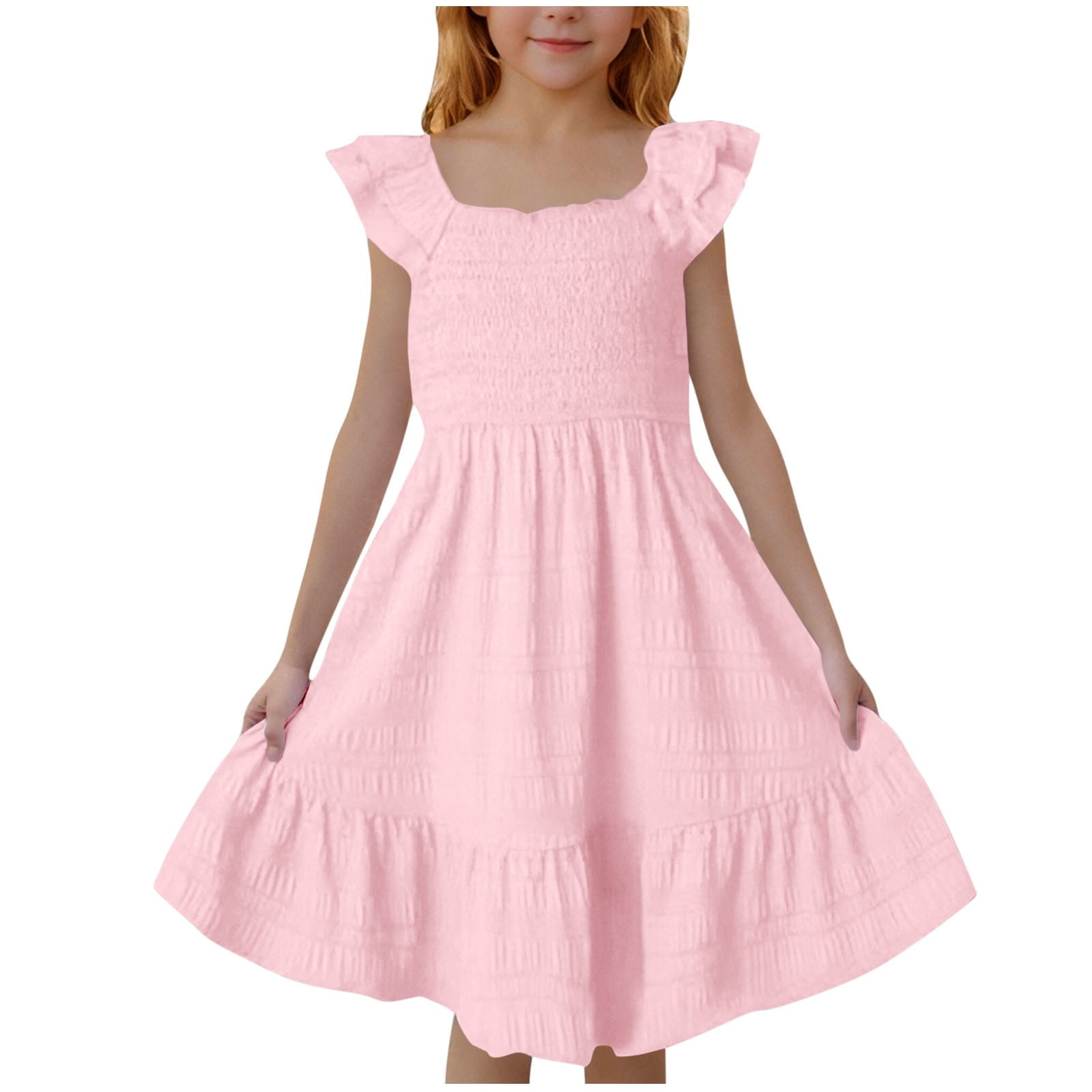 FAIWAD Girl's Summer Dresses Smocked Ruffle Sleeve Tiered A Line ...