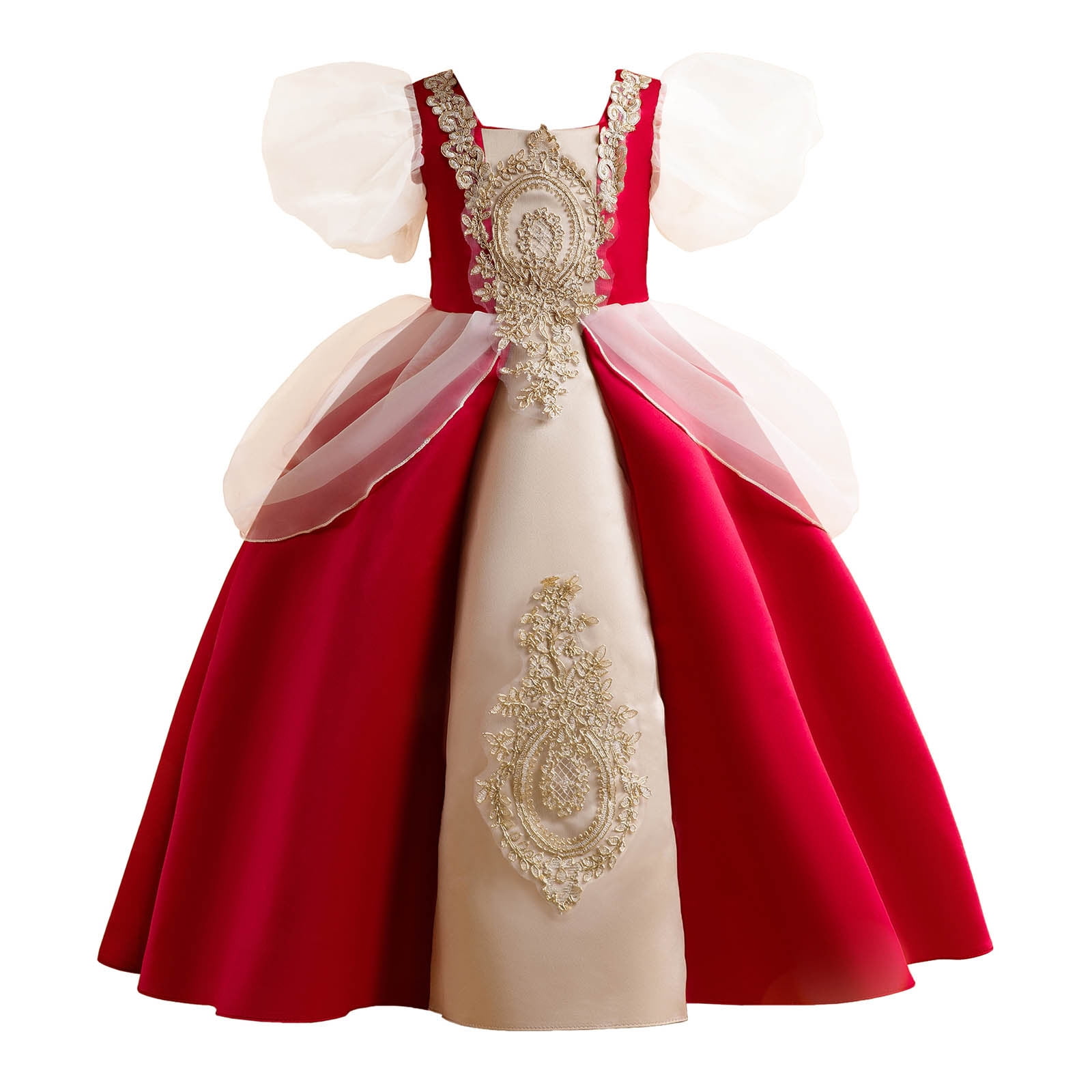 FAIWAD Girls Embroidery Dress Puff Sleeve Lace Patchwork Color Block ...