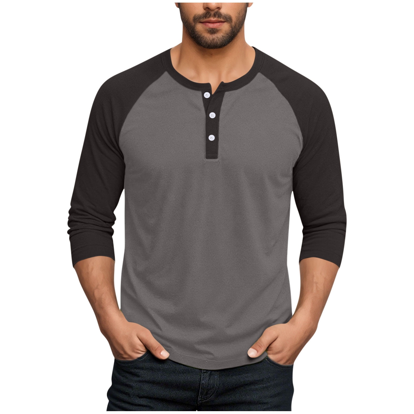 FAIWAD Mens T-Shirt Casual 3/4 Sleeve Crew Neck Button Up Tops Trendy ...
