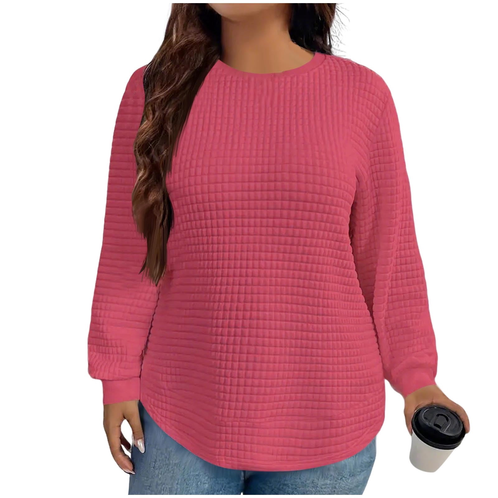 FAIWAD Plus Size Tops for Women Crew Neck Long Sleeve Solid Color ...