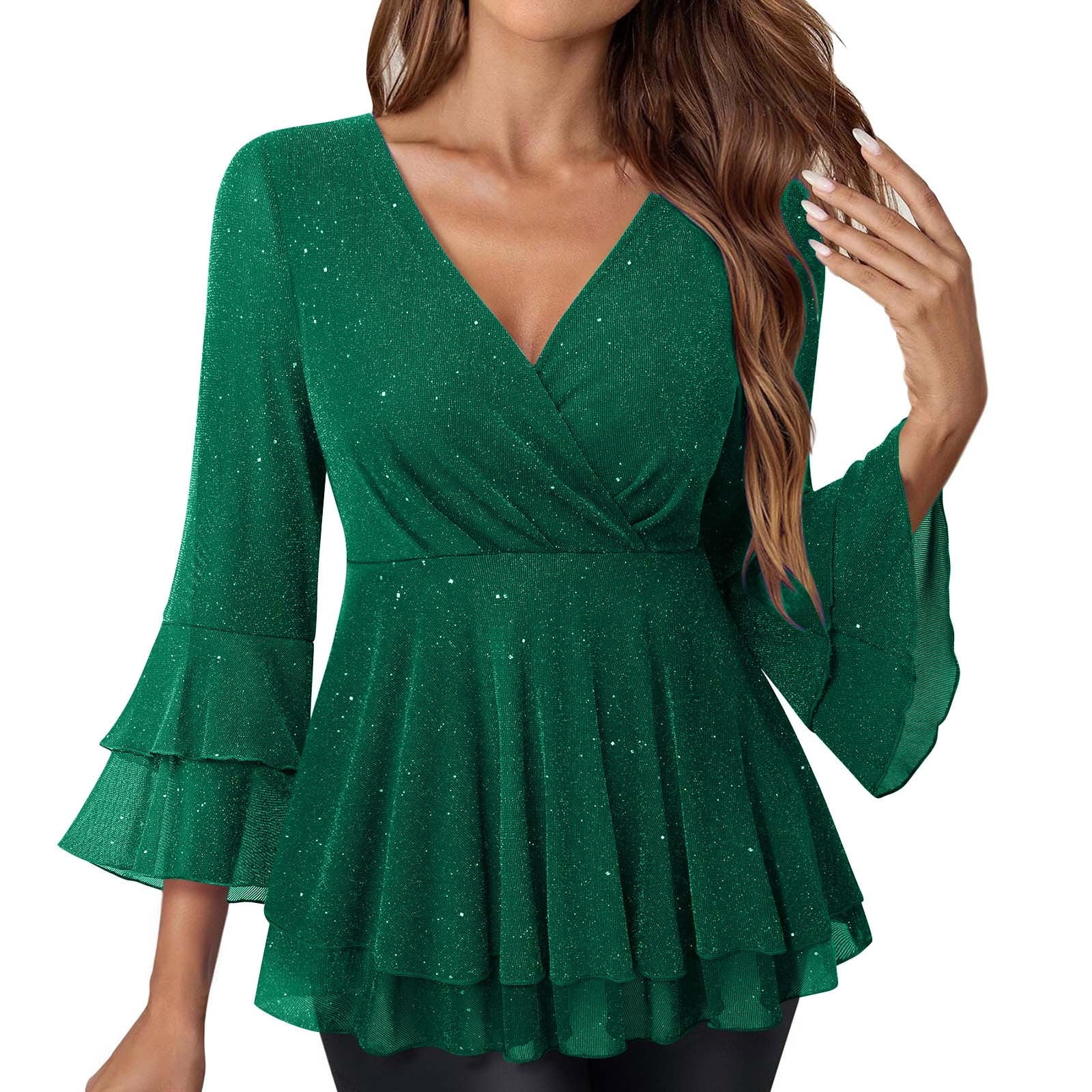 FAIWAD Sparkly Tops for Women Ruffle 3/4 Sleeve Wrap V Neck Blouses ...