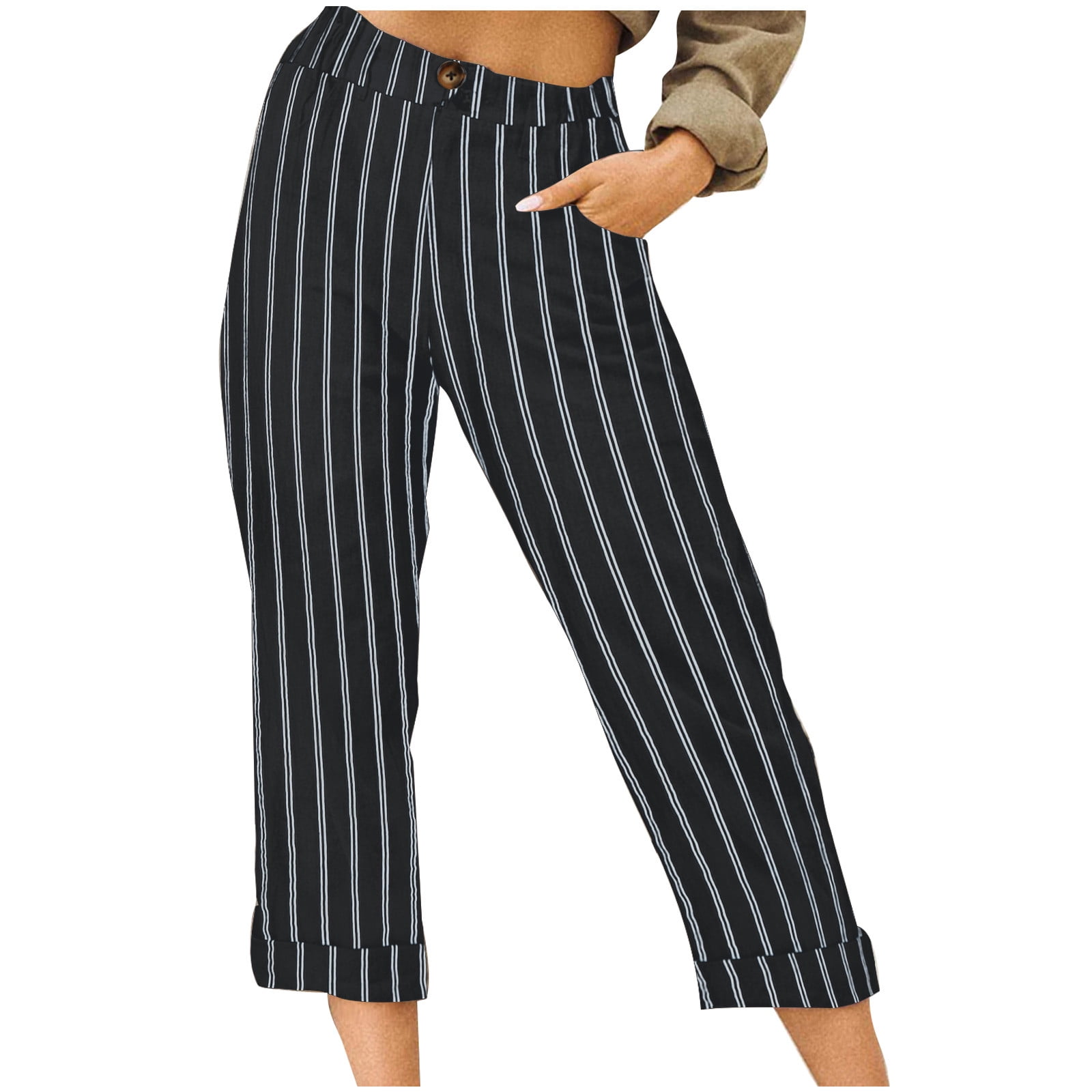 FAIWAD Striped Capri Pants for Women Casual Elastic High Waist Pants ...