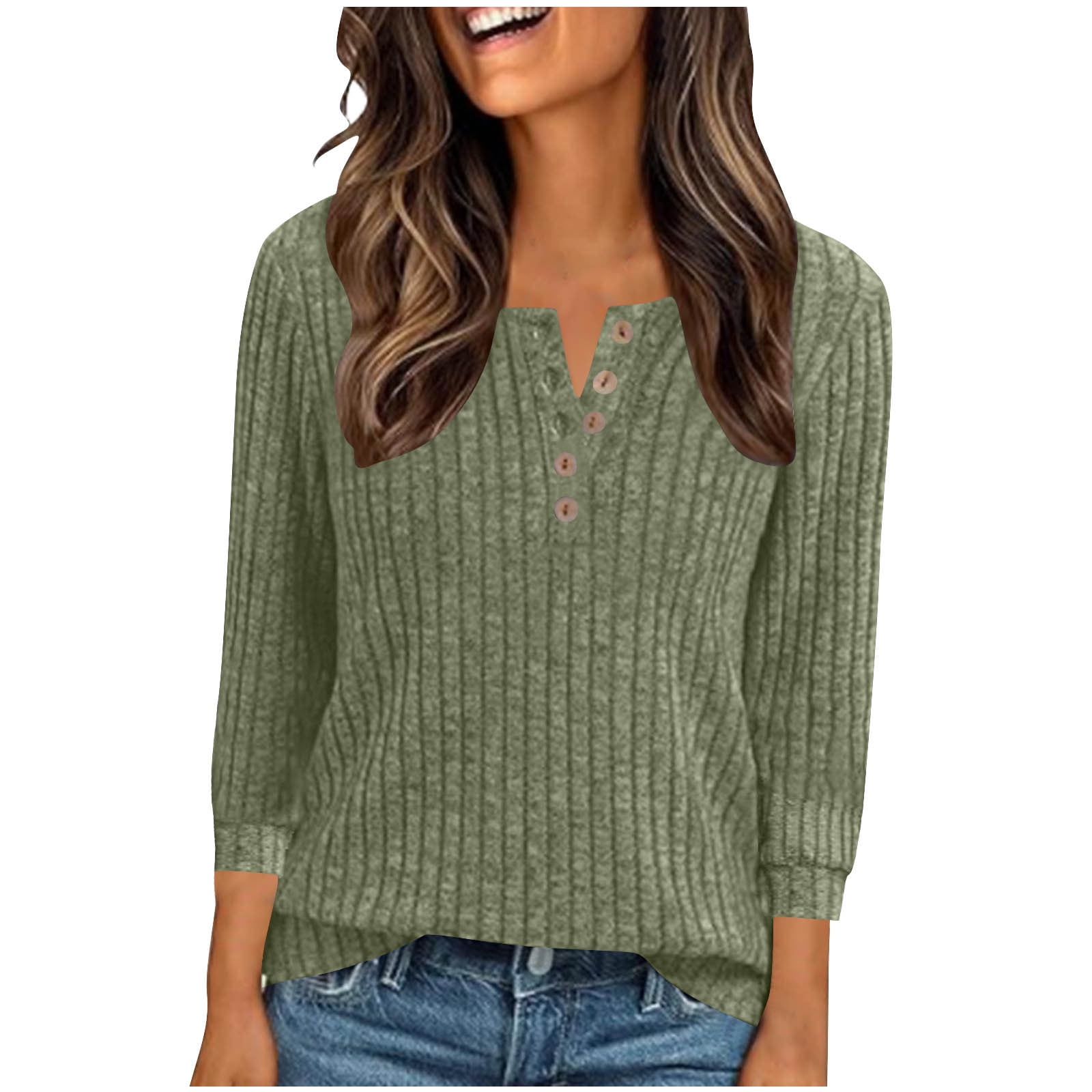 FAIWAD Sweaters for Women Notch V Neck 3/4 Sleeve Knit Pullover Tops ...