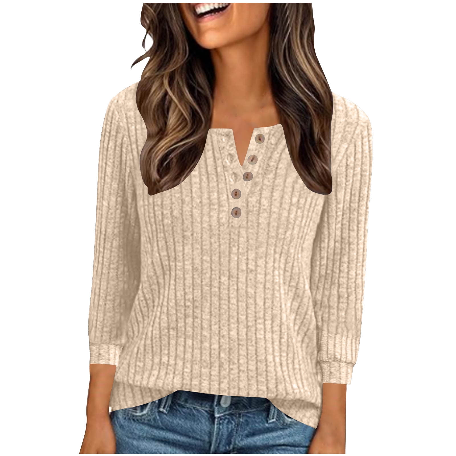 FAIWAD Sweaters for Women Notch V Neck 3/4 Sleeve Knit Pullover Tops ...