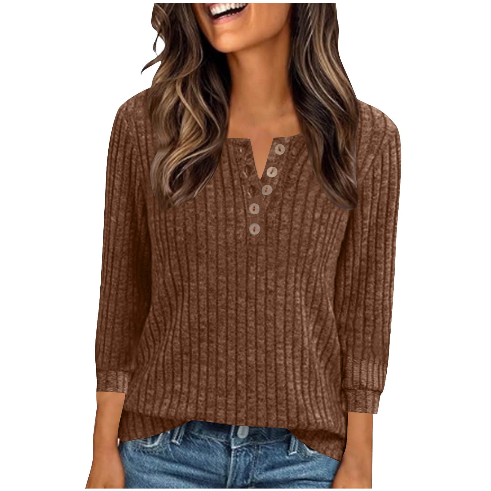 FAIWAD Sweaters for Women Notch V Neck 3/4 Sleeve Knit Pullover Tops ...
