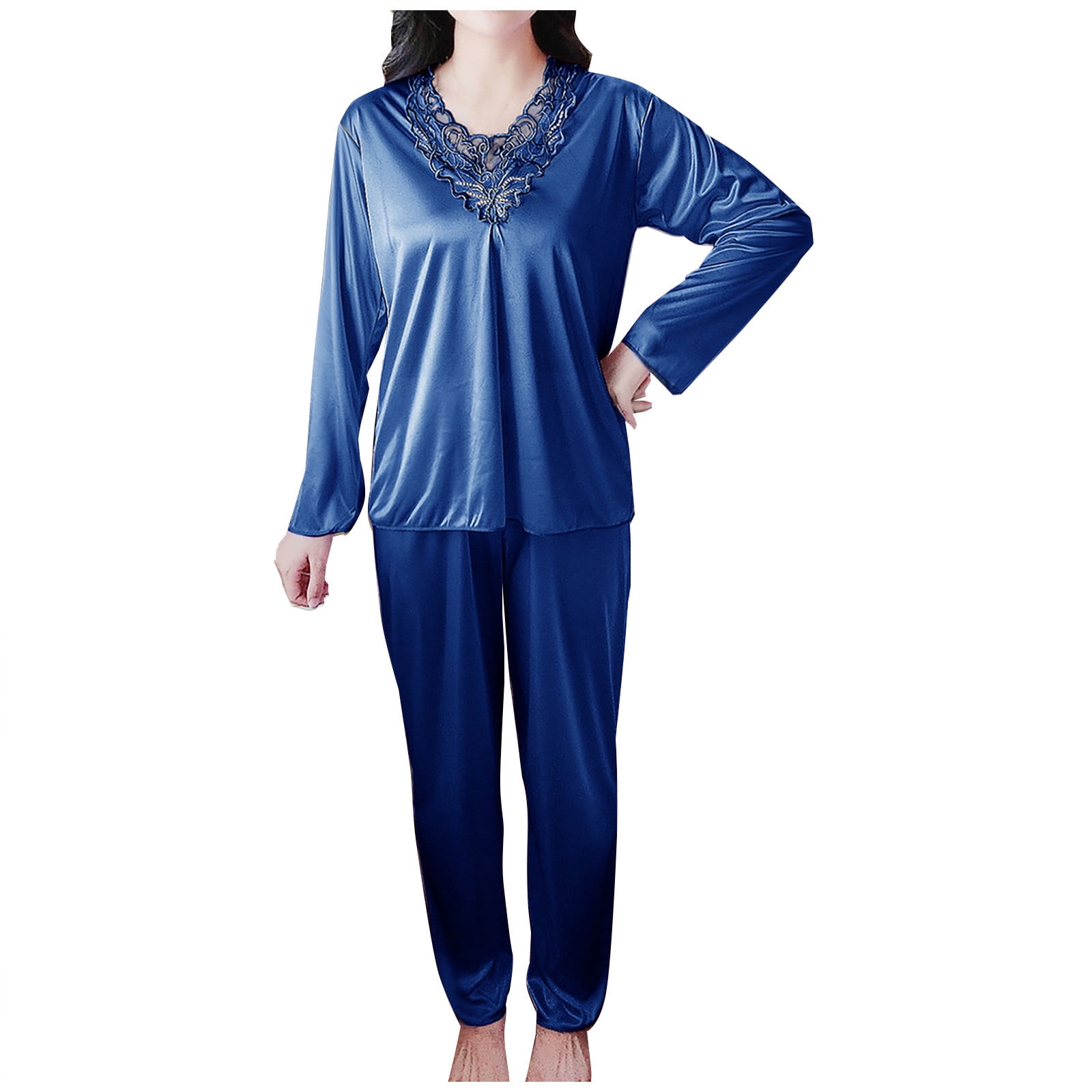 FAIWAD Women Sleepwear 2 Piece Long Sleeve V Neck Lace Top and Pants ...