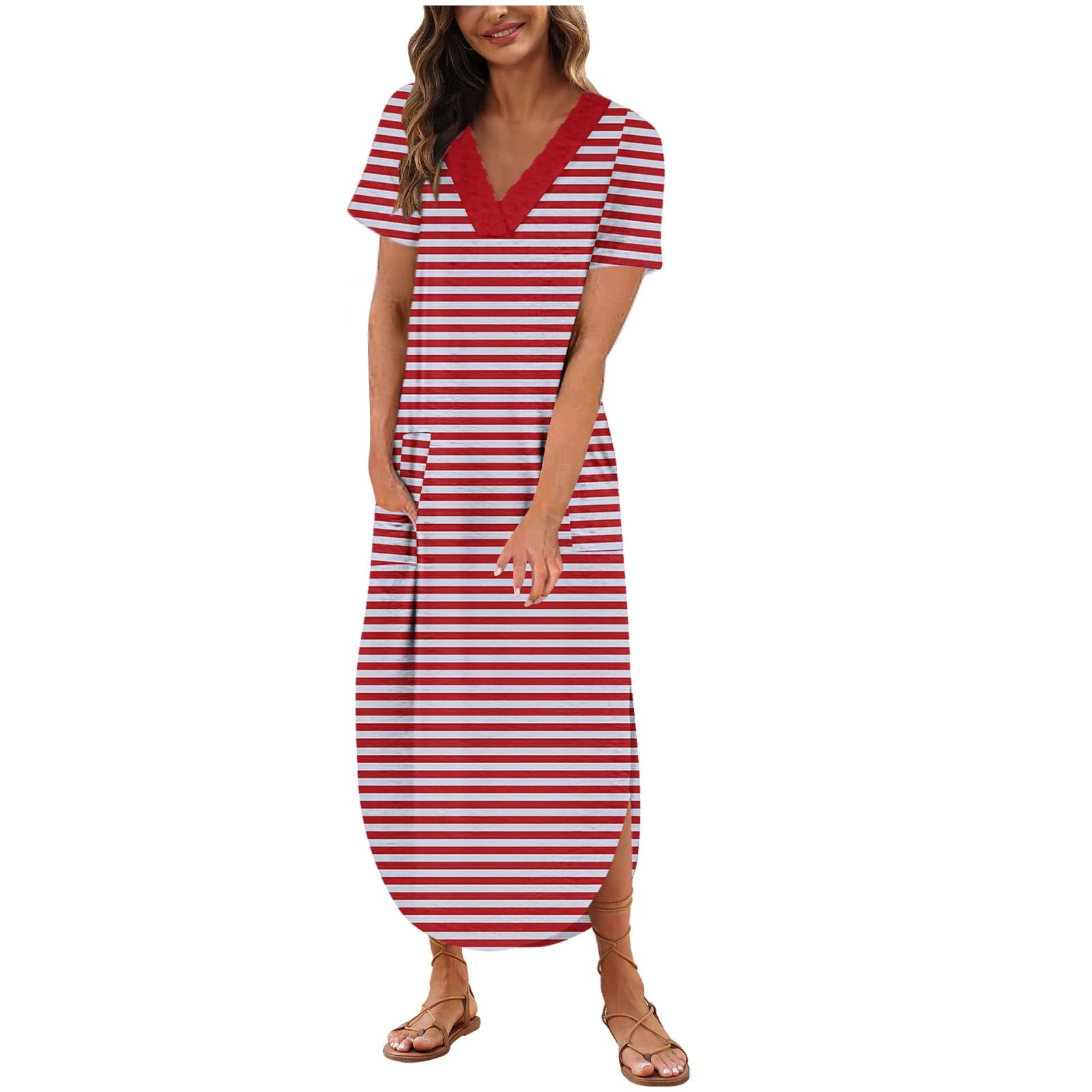 Faiwad Women Summer T Shirt Dress Casual Short Sleeve Curved Hem V Neck
