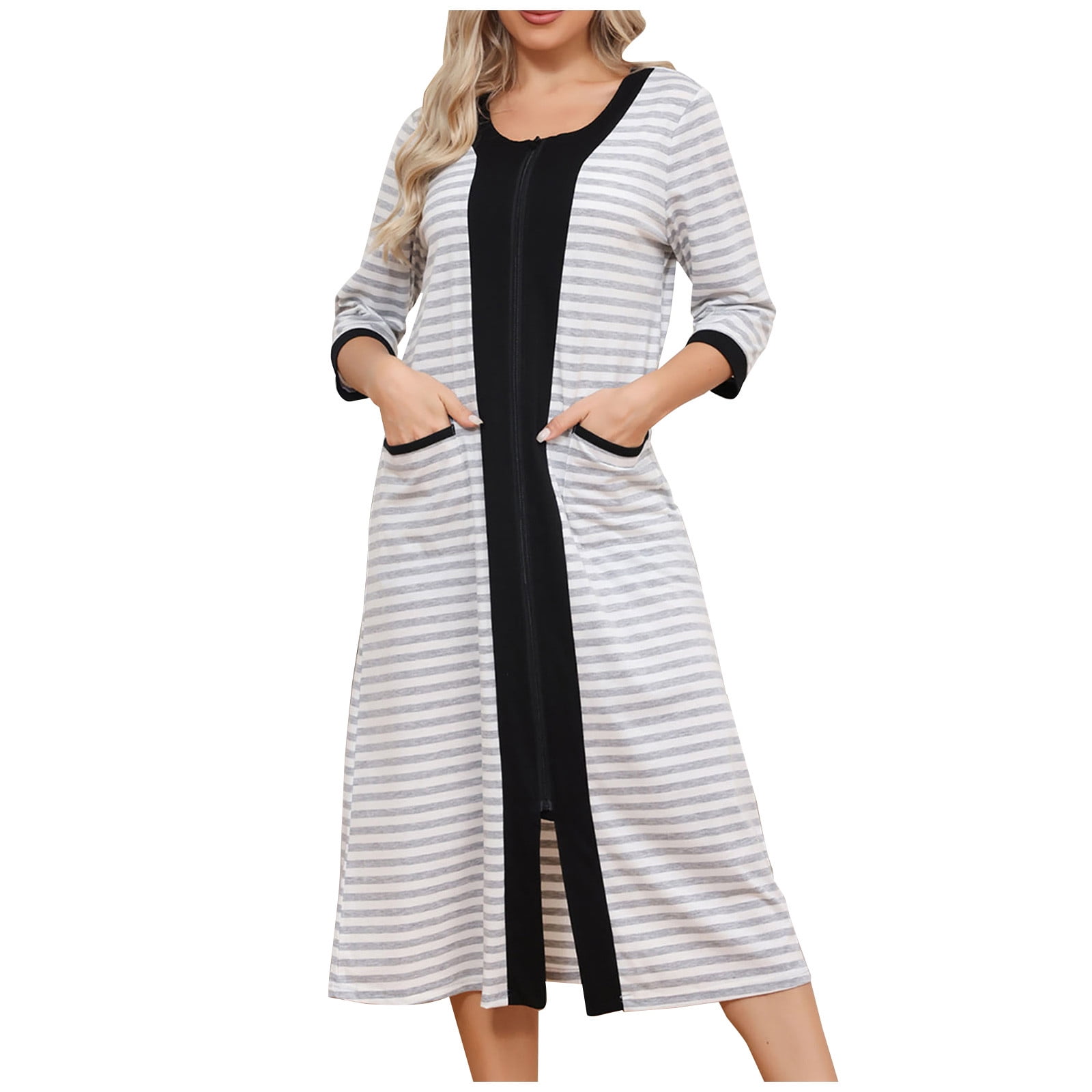 FAIWAD Women Zipper Robe 3/4 Sleeve Striped Loungewear Dress ...