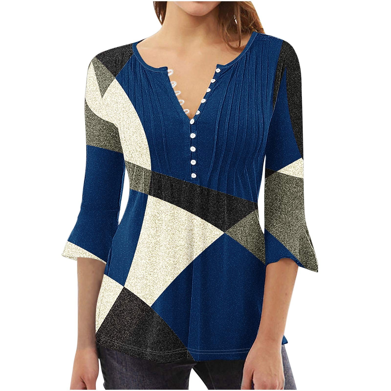 FAIWAD Women's 3/4 Sleeve Tunic Tops V Neck Button Down Tops Geometric ...
