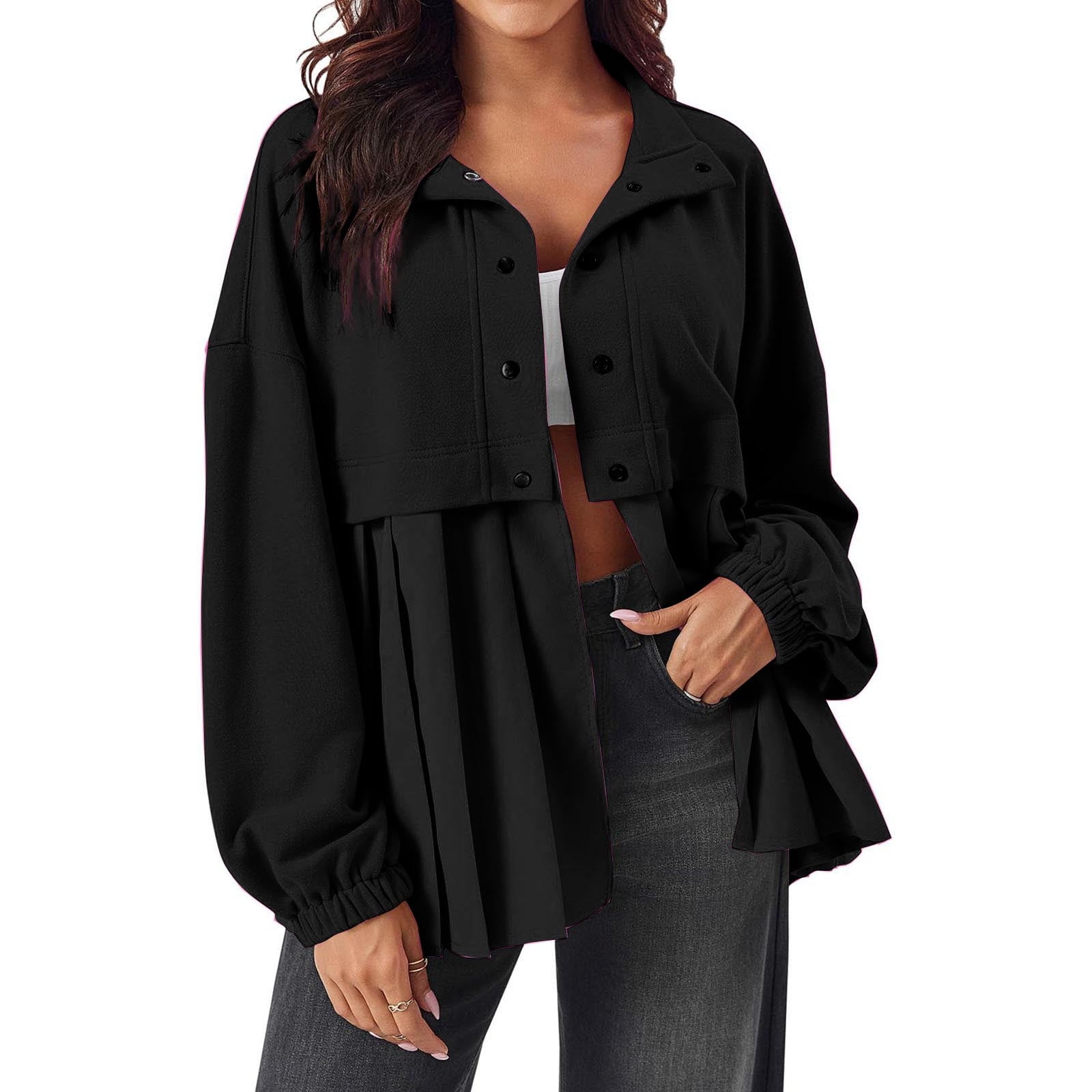 FAIWAD Women's Button Down Jackets Long Sleeve Pleated Patchwork Casual ...