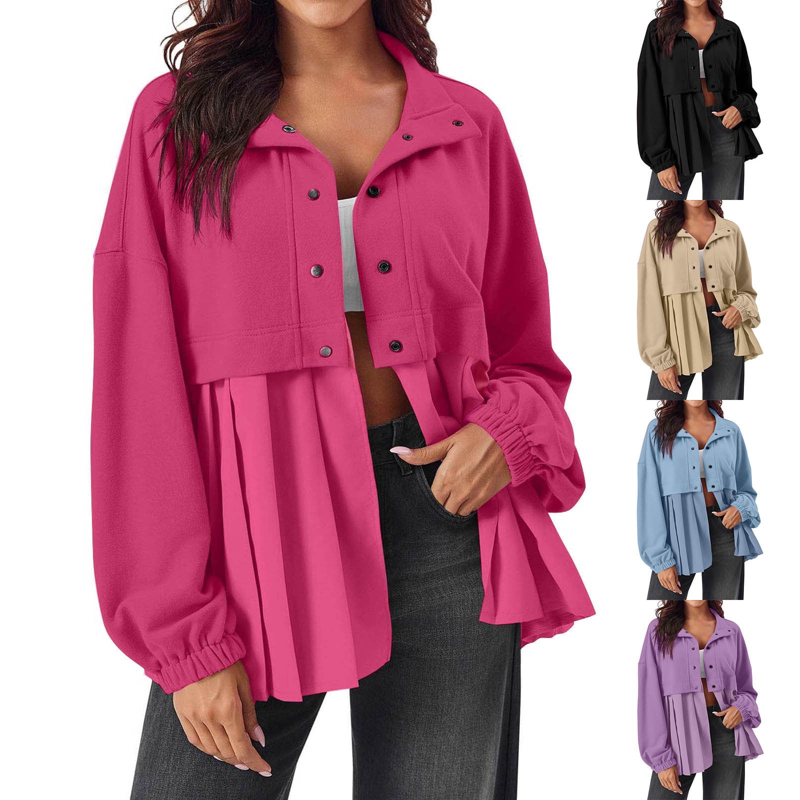 FAIWAD Women's Button Down Jackets Long Sleeve Pleated Patchwork Casual ...