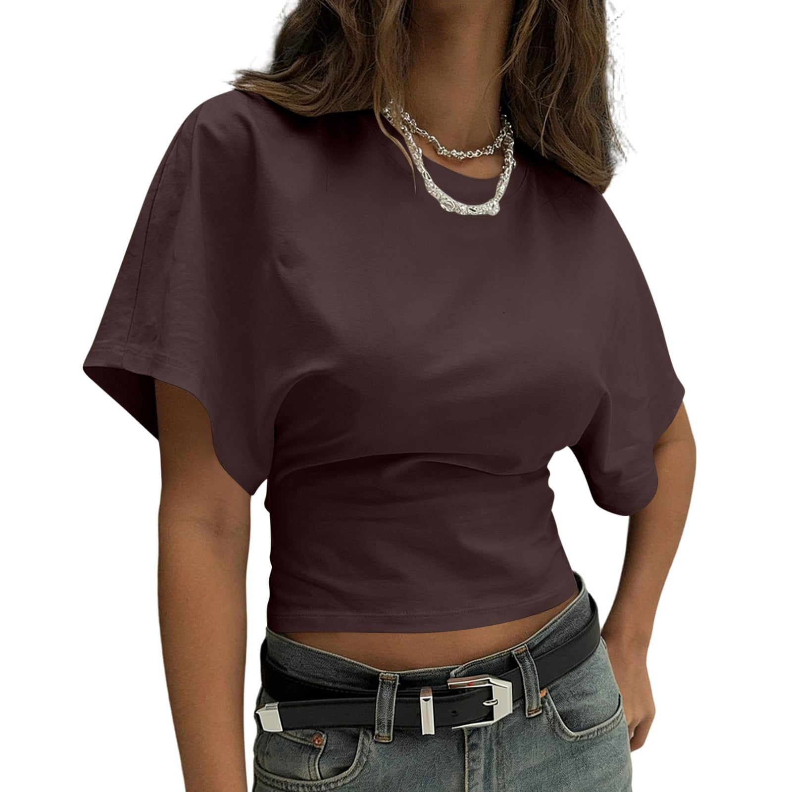 FAIWAD Women's Cinched Waist Tops Crewneck Short Sleeve Fitted Crop ...
