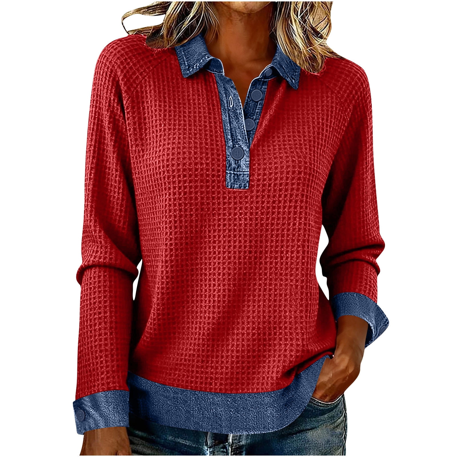 FAIWAD Women's Denim Patchwork Sweatshirts Long Sleeve Button Up Knit ...