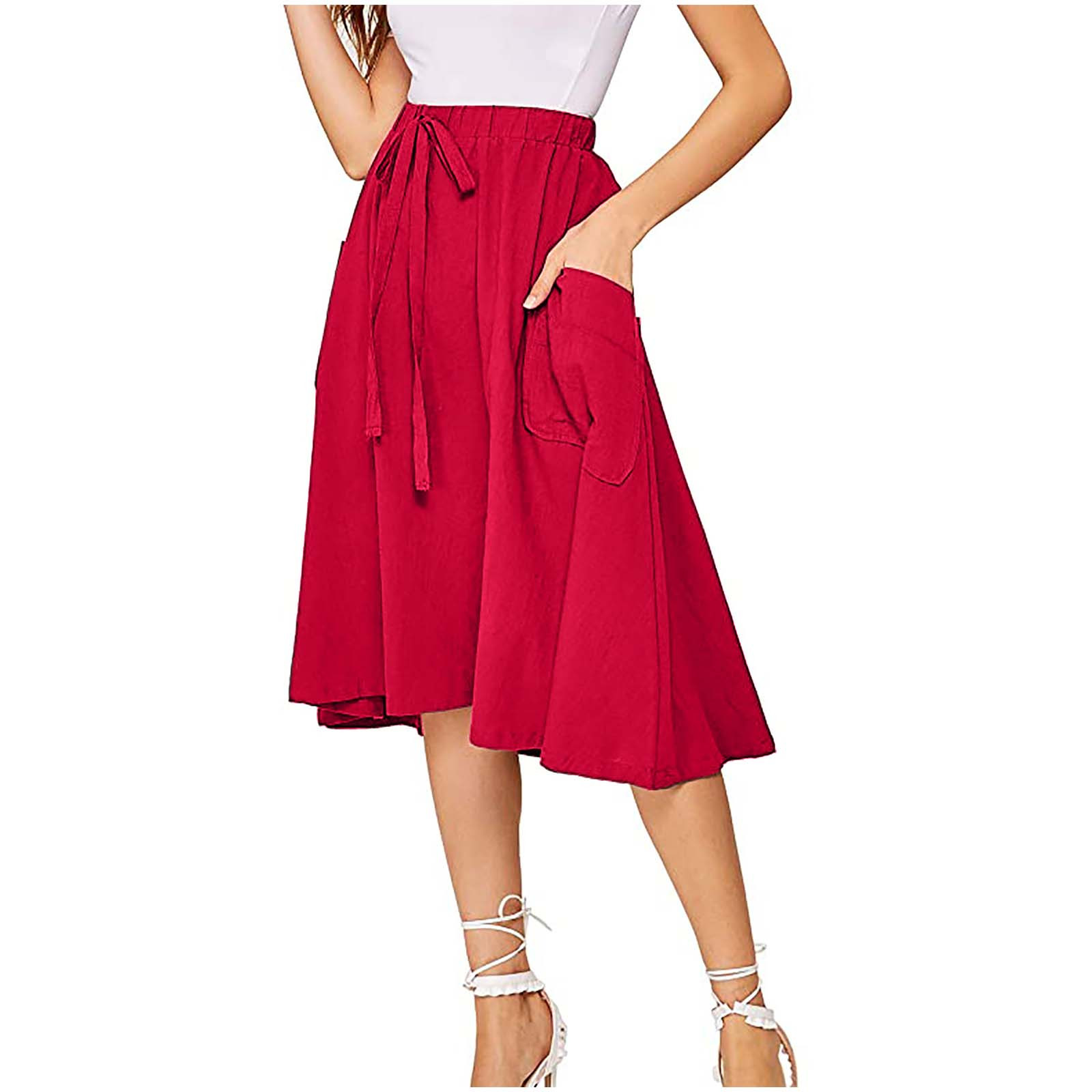 FAIWAD Women's Elastic High Waist Pleated Skirt Drawstring Stretch ...