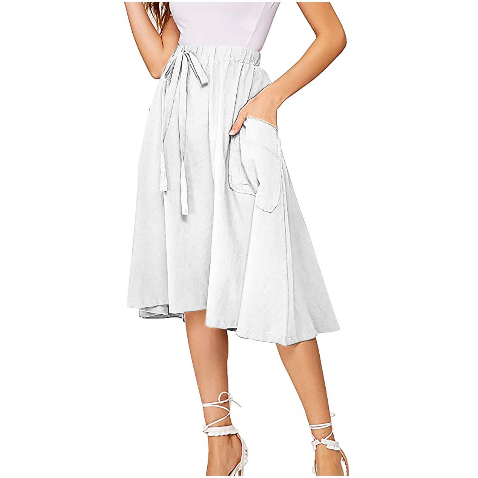 FAIWAD Women's Elastic High Waist Pleated Skirt Drawstring Stretch ...