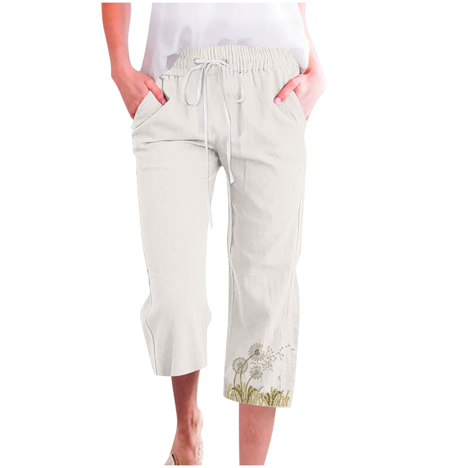 FAIWAD Women's Elastic Waist Linen Capri Pants Casual Wide Leg Baggy Floral Print Trousers with ...