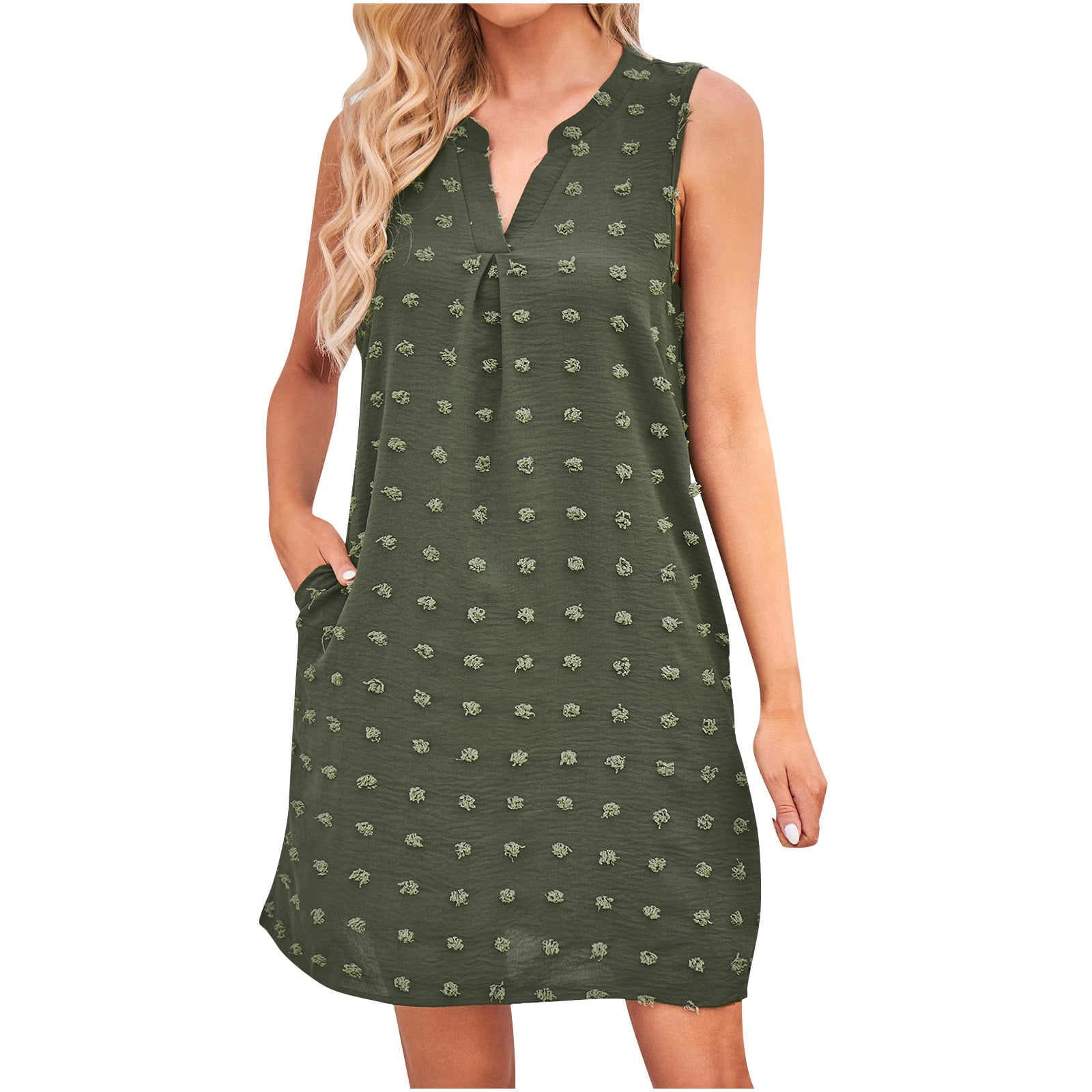 FAIWAD Women's Elegant Sleeveless V Neck Dress Summer Polka Solid Color ...