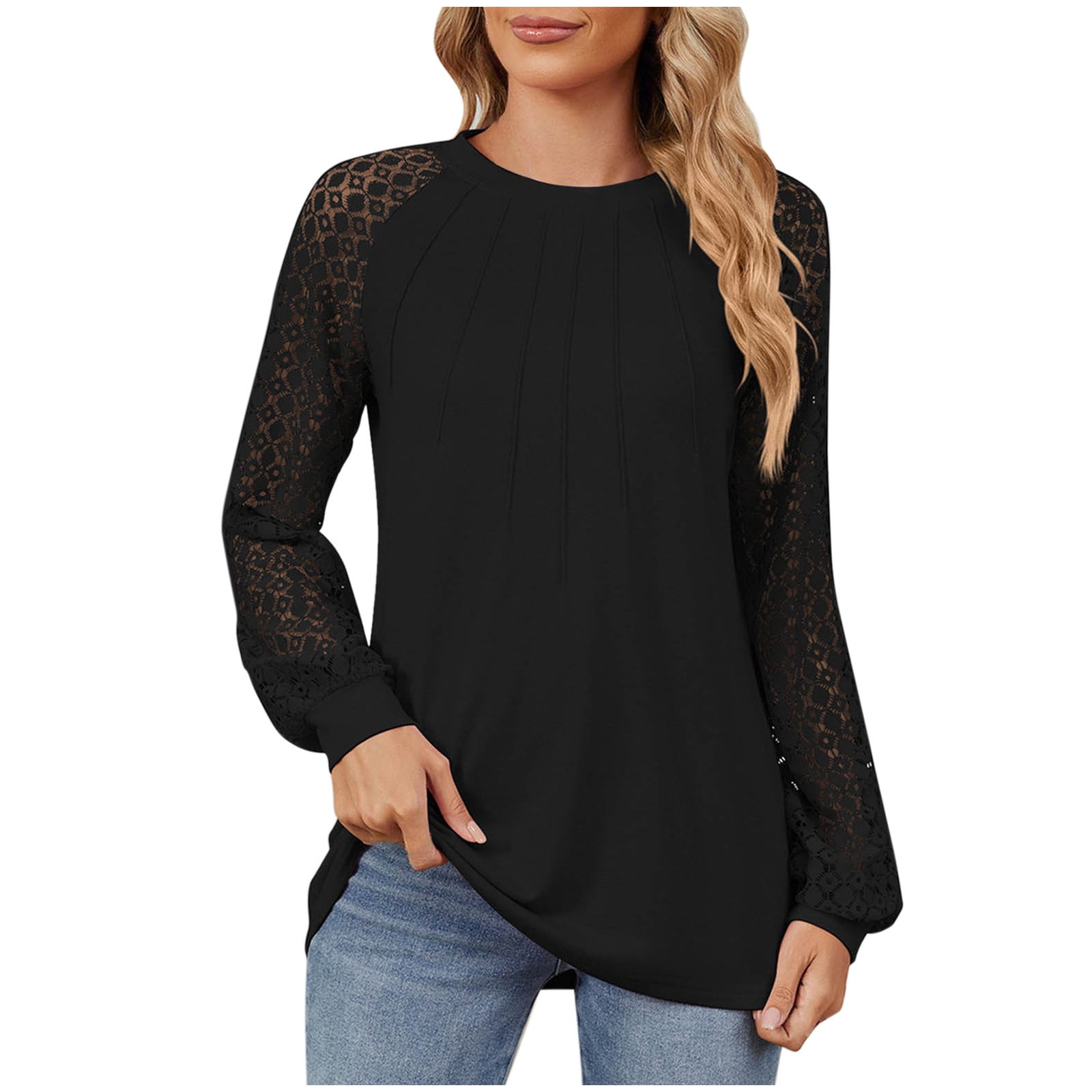 FAIWAD Women's Lace Long Sleeve Tops Dressy Casual Crew Neck Pleated ...