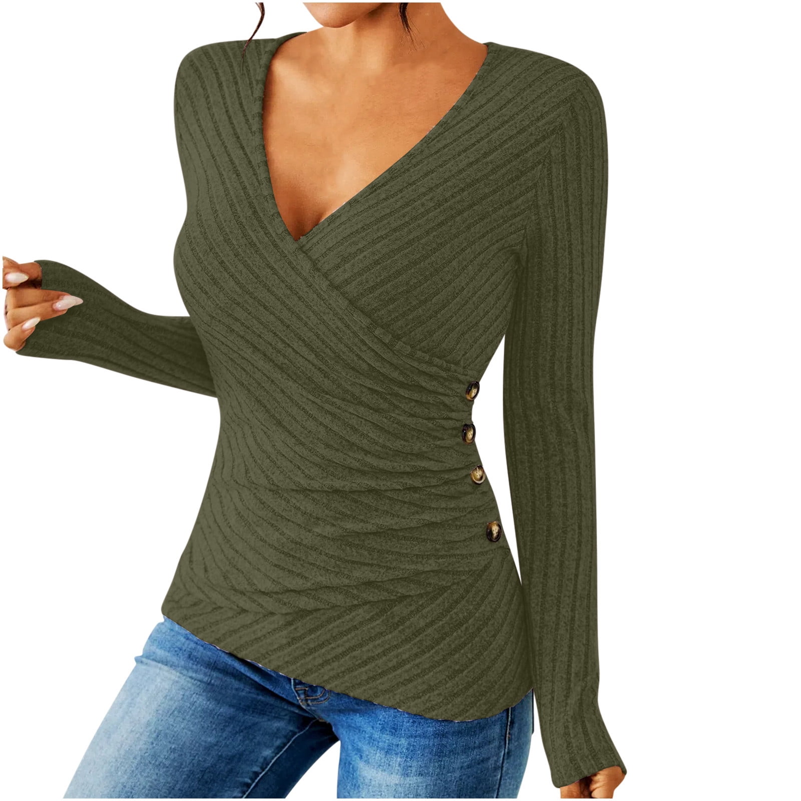 FAIWAD Women's Long Sleeve Tops Ribbed Knit Deep V-Neck Slim Wrap ...