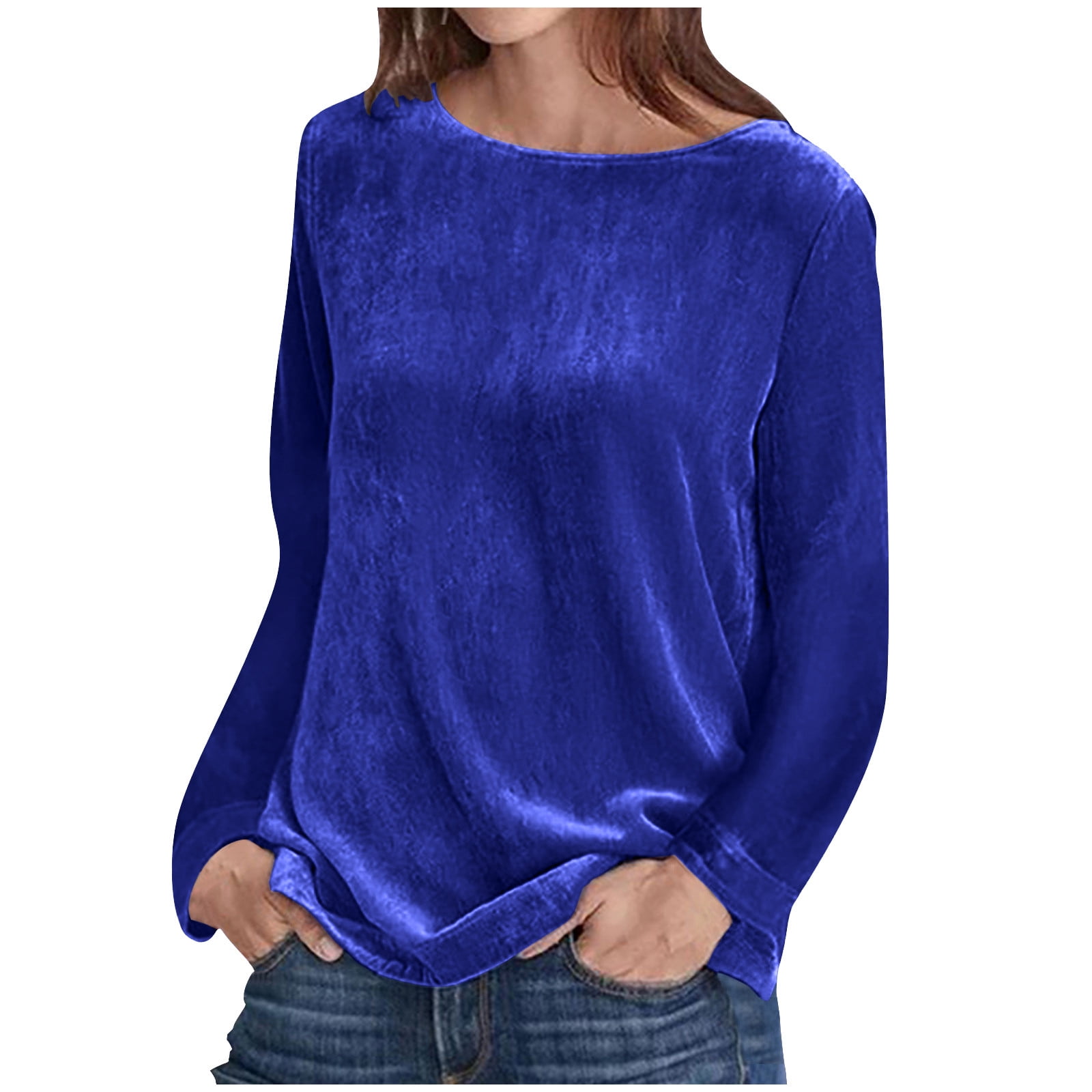FAIWAD Women's Long Sleeve Velvet Tops Round Neck Casual Soft Comfy ...