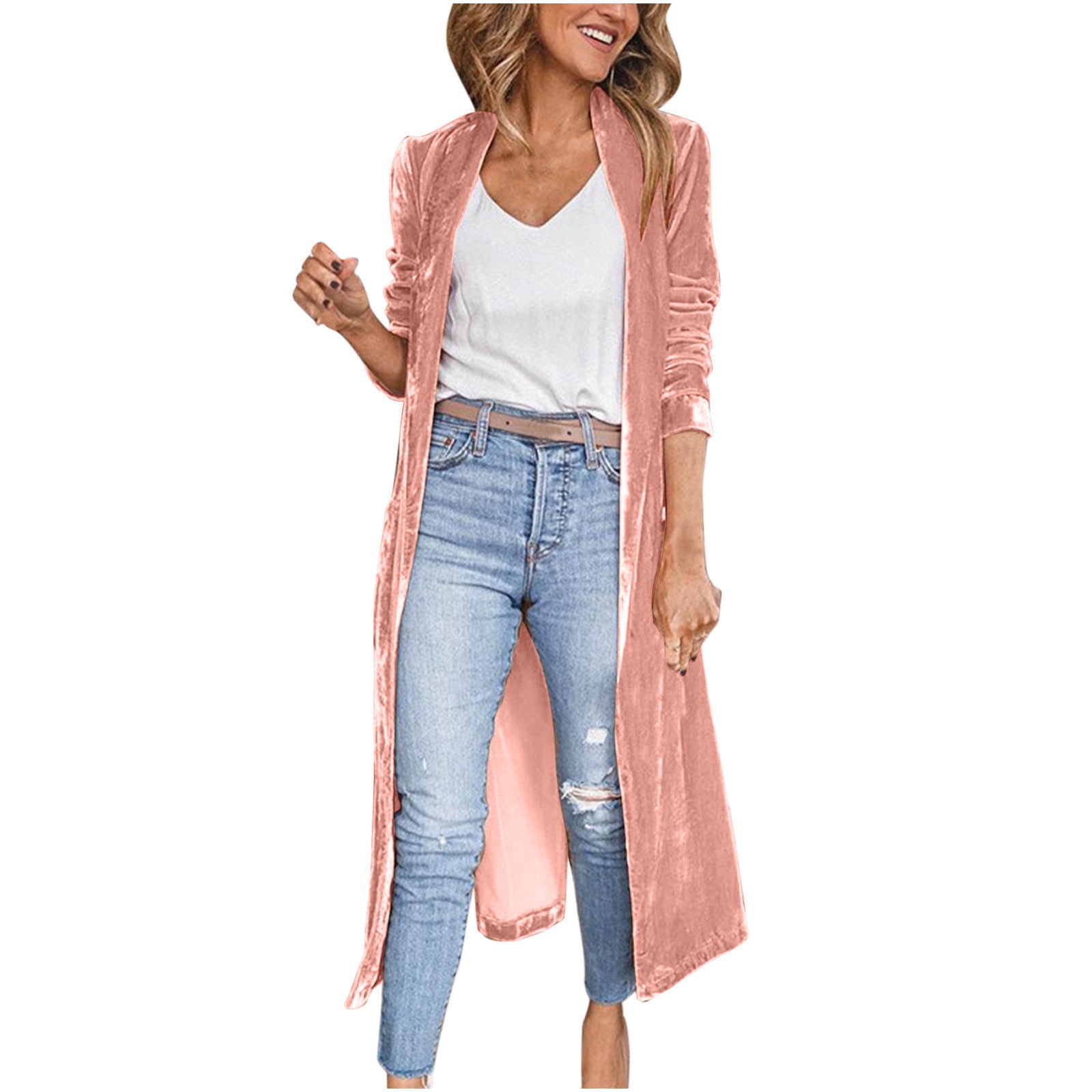 FAIWAD Women's Long Velvet Cardigan Jacket Casual Open Front Velour ...