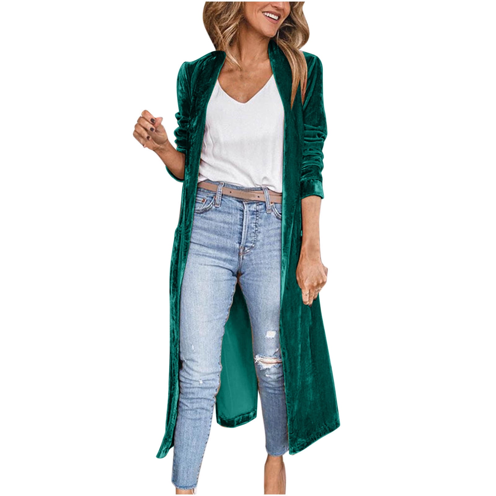 FAIWAD Women's Long Velvet Cardigan Jacket Casual Open Front Velour ...