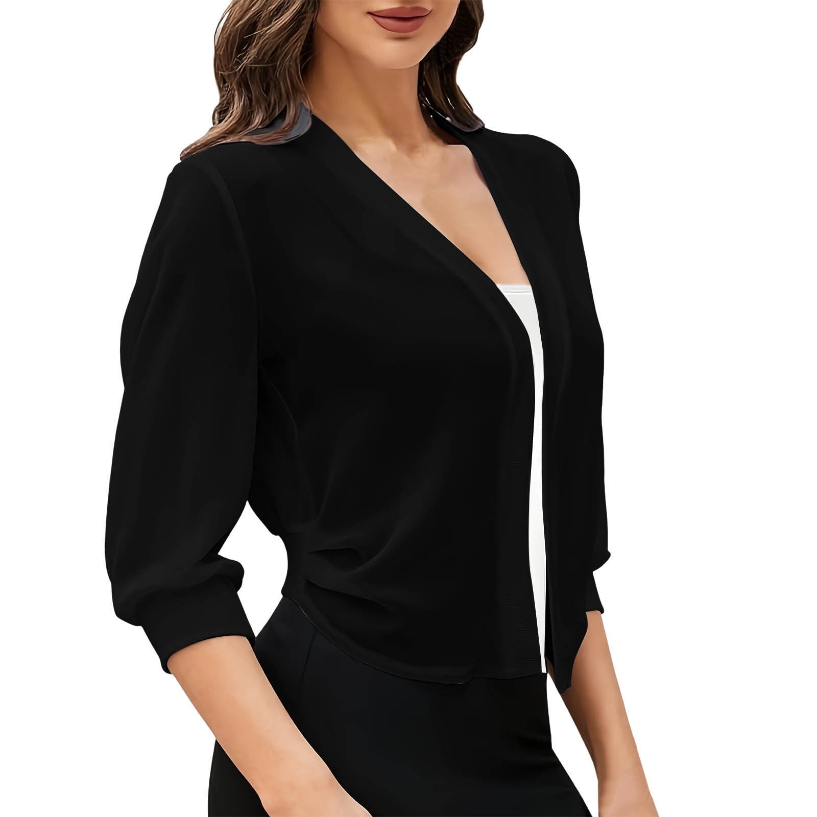 FAIWAD Women's Open Front Cropped Cardigan 3/4 Sleeve Casual ...