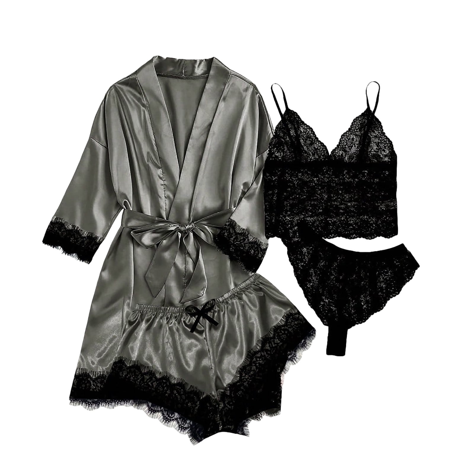 FAIWAD Women's Satin Pajamas Set 4pcs Lace Cami Shorts and Underwear ...