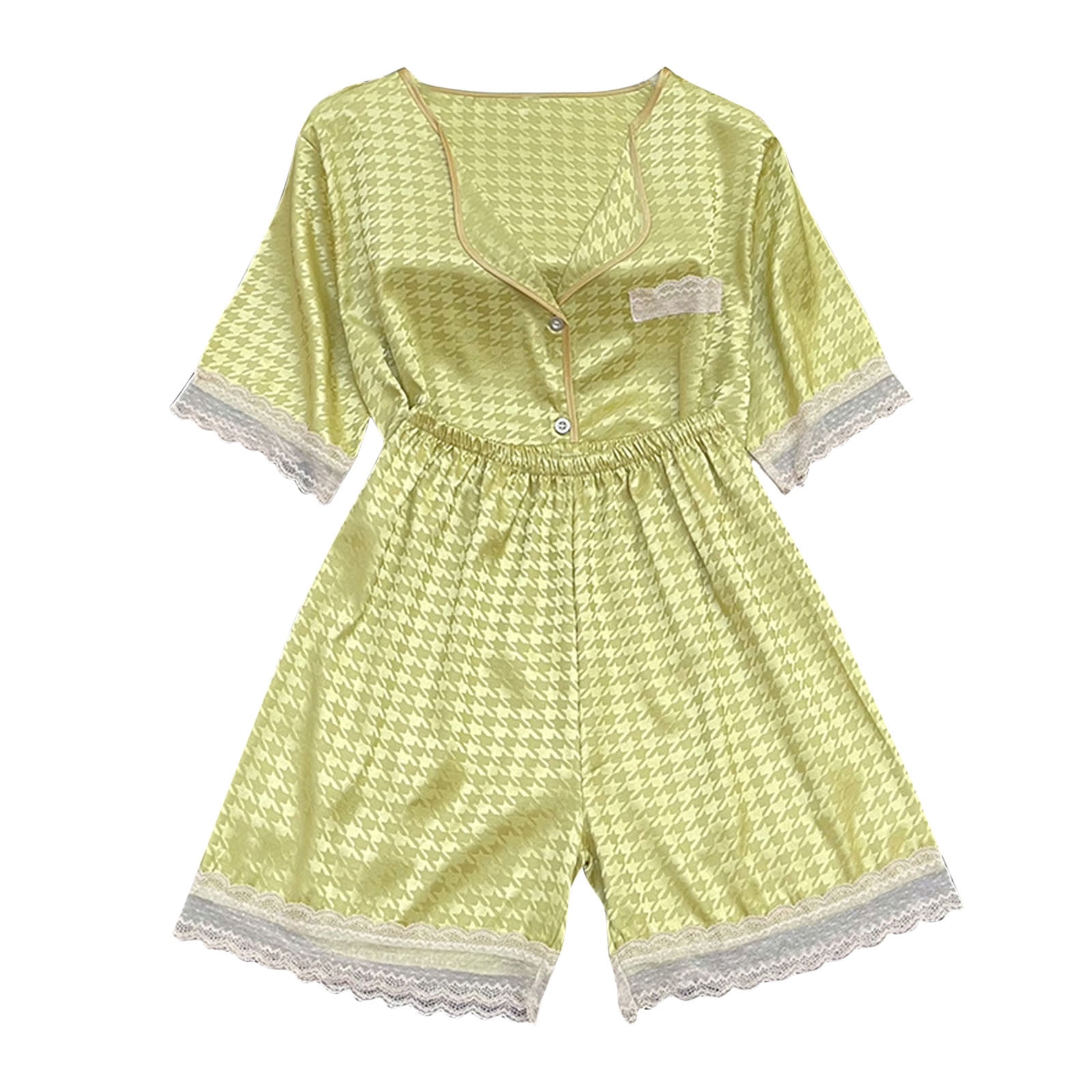 FAIWAD Women's Satin Pajamas Sets Lace Trim Loungewear Set Short Sleeve ...