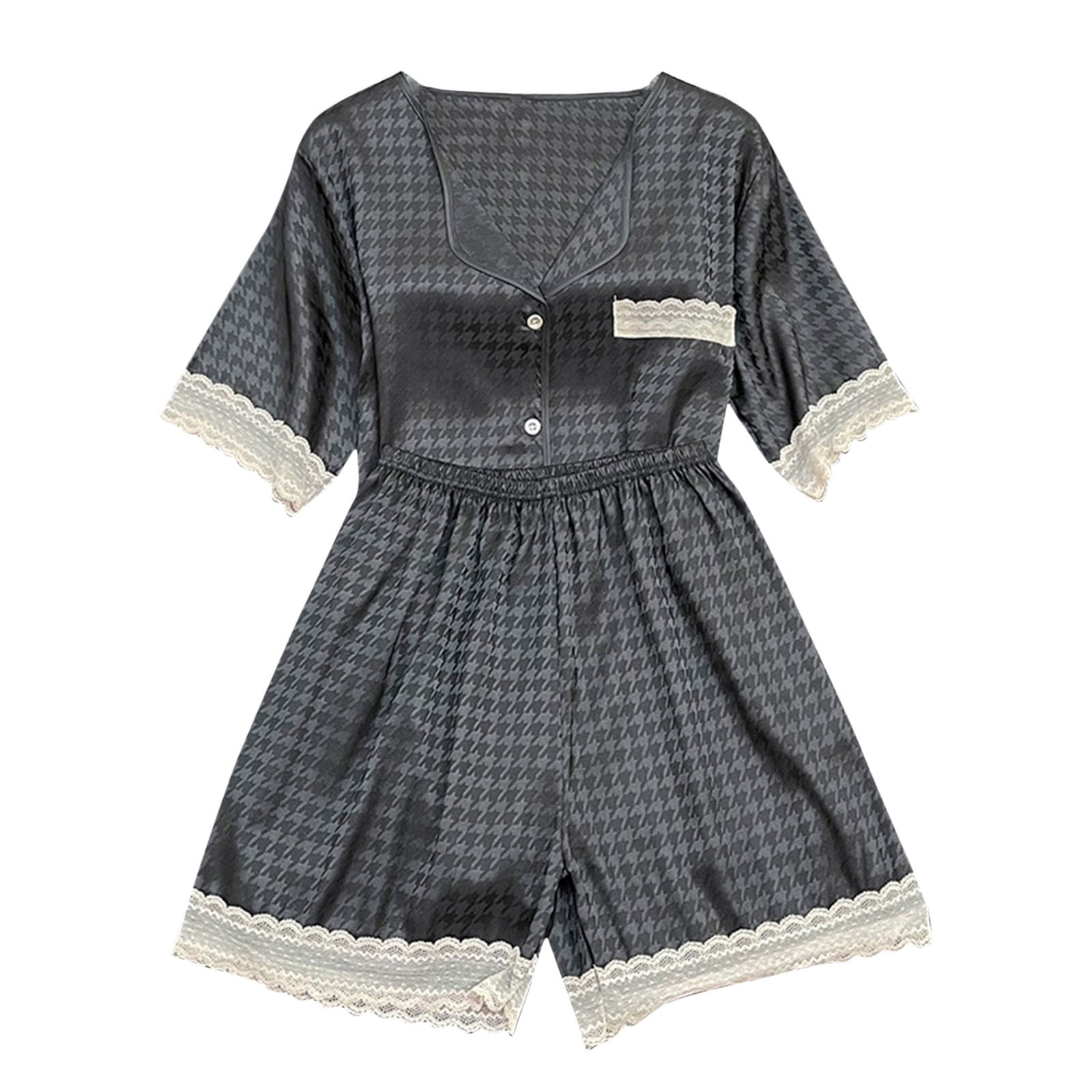 FAIWAD Women's Satin Pajamas Sets Lace Trim Loungewear Set Short Sleeve ...