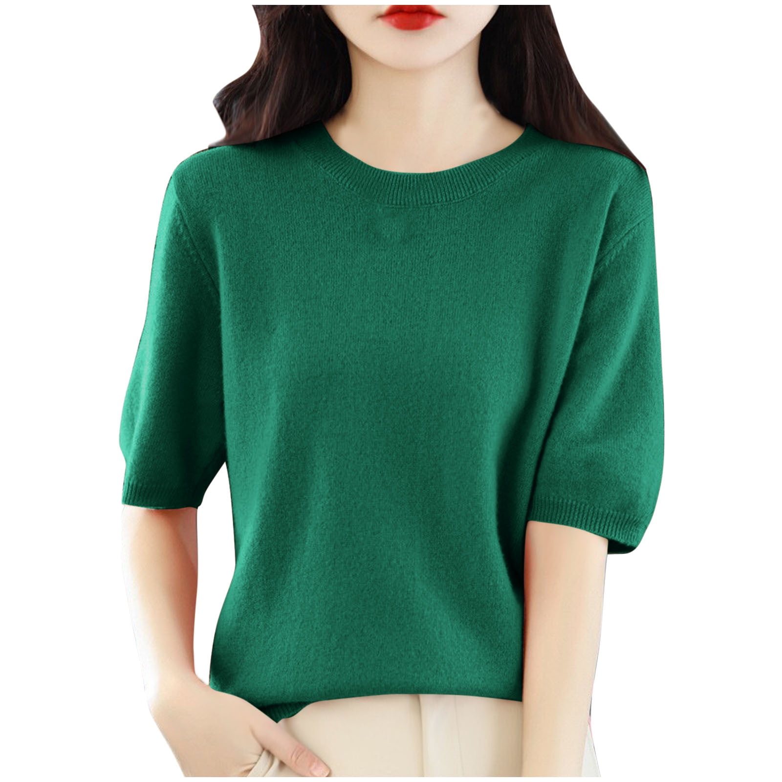 FAIWAD Women's Short Sleeve Pullover Sweater Round Neck Shirt Puff ...