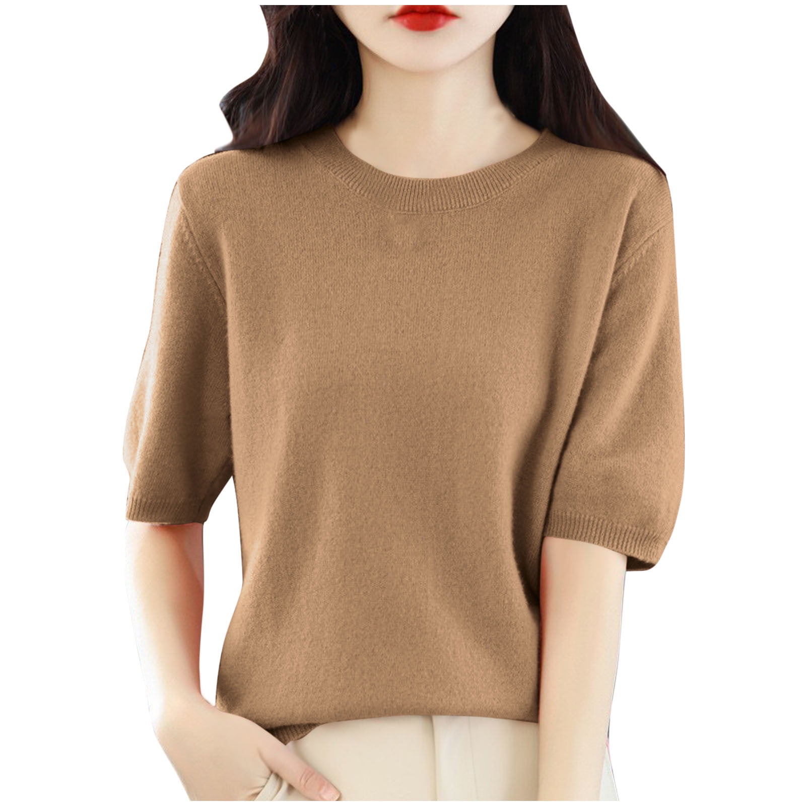 FAIWAD Women's Short Sleeve Pullover Sweater Round Neck Shirt Puff ...