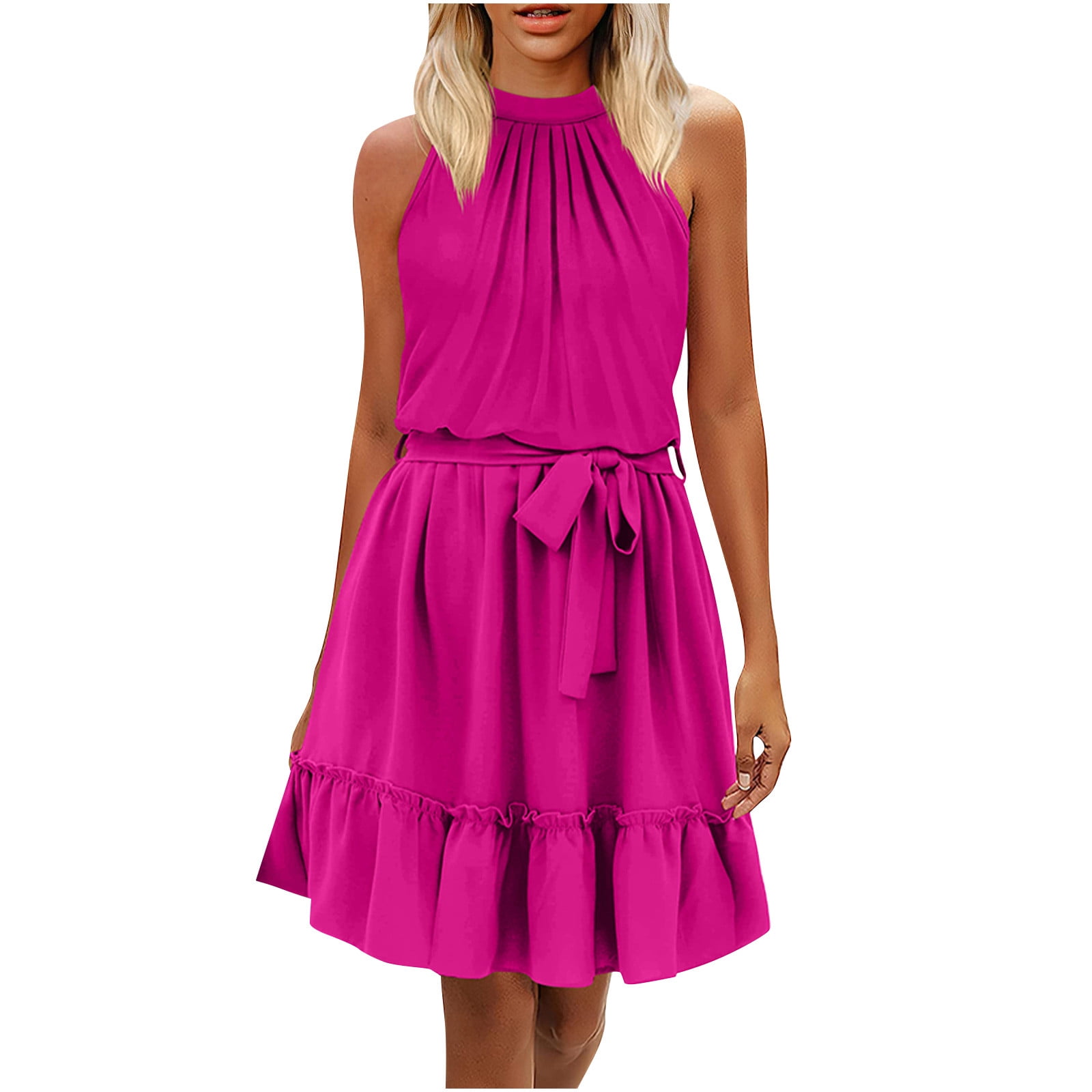 FAIWAD Women's Summer Sleeveless Dresses Ruched Sleeveless Lace-up Knot ...