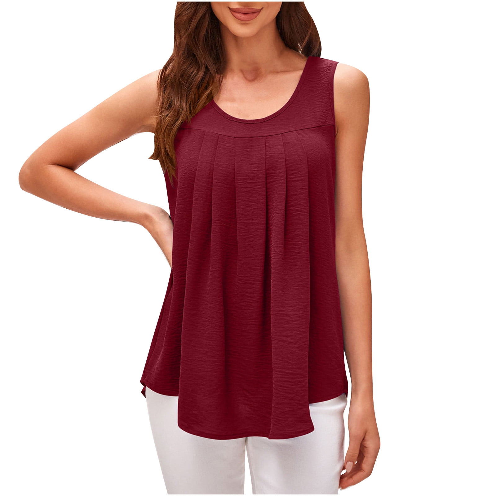 FAIWAD Women's Summer Sleeveless Tunic Top Round Neck Pleated Tank Top ...