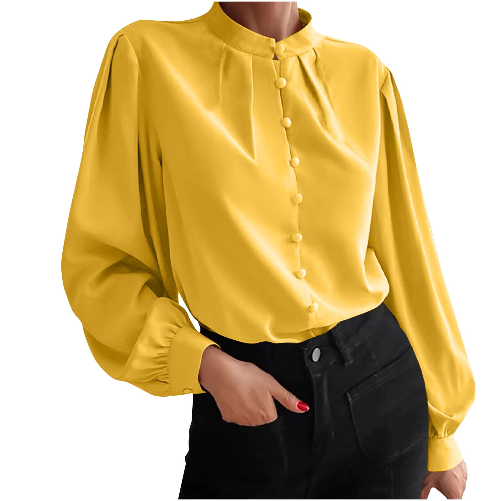 FAIWAD Women's Tops Long Sleeve Frill Round Neck Solid Color Blouse ...