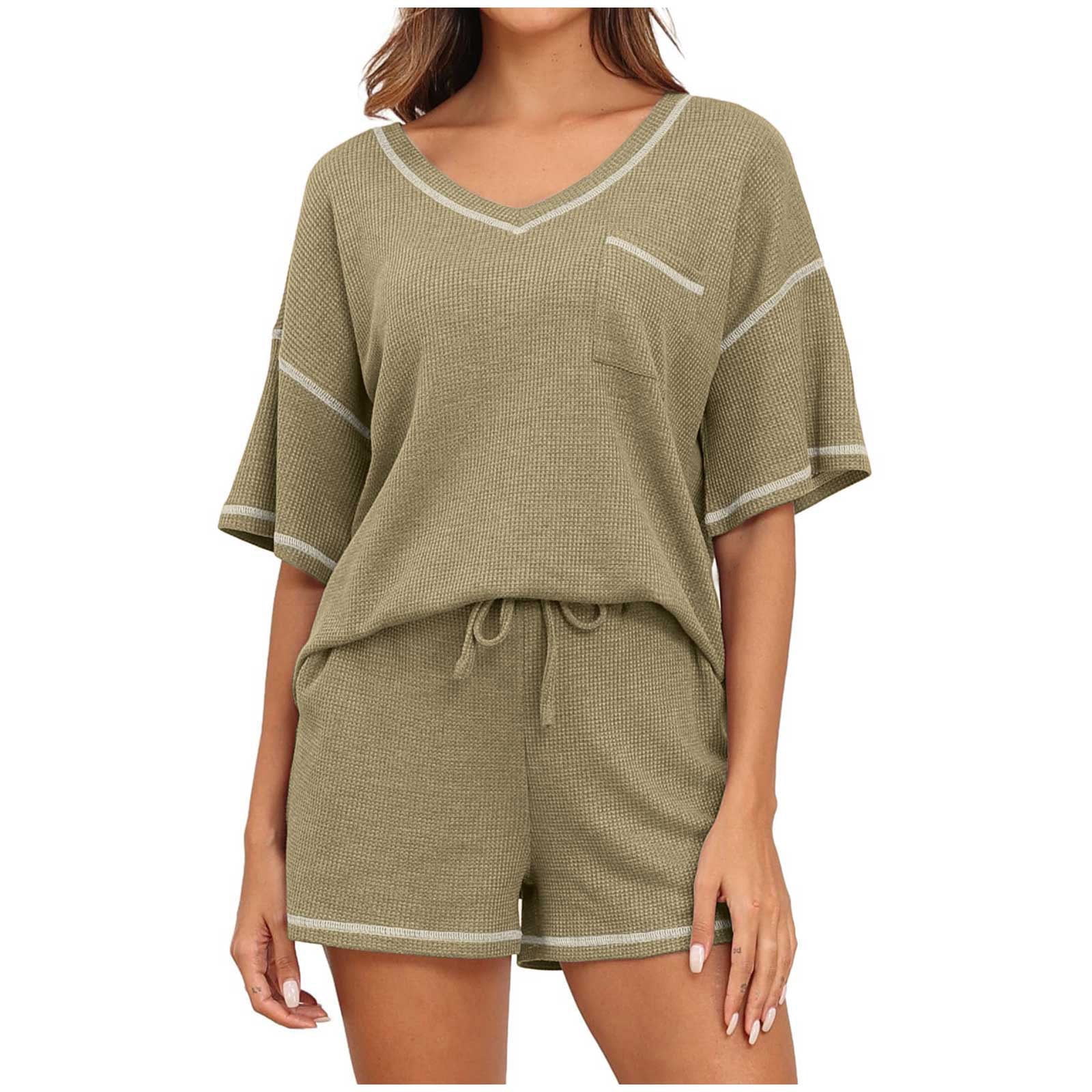 FAIWAD Women's V Neck Pajamas Set Short Sleeve Crop Tops with Shorts 2 ...