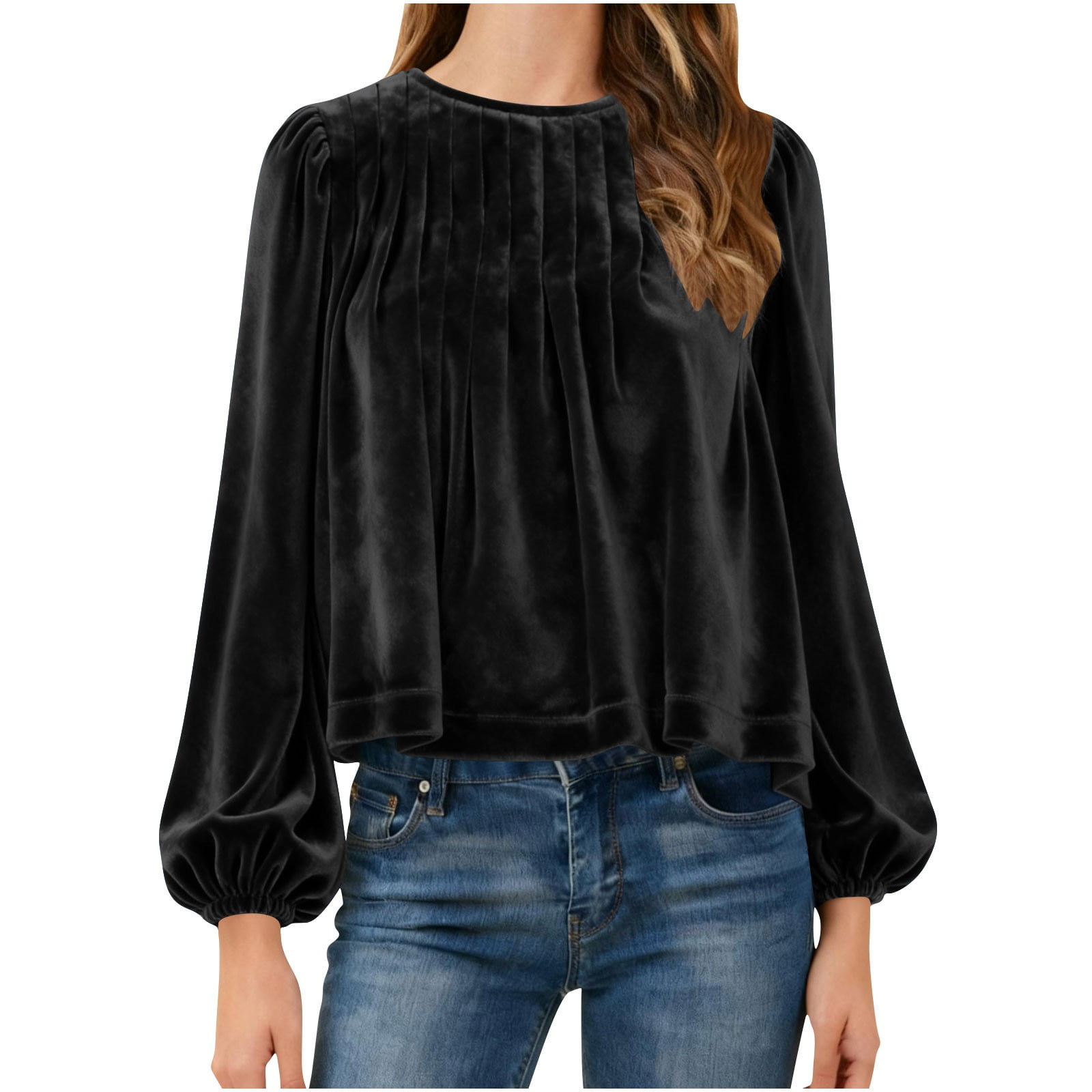 FAIWAD Women's Velvet Tops Puff Long Sleeve Dressy Velour Blouse ...