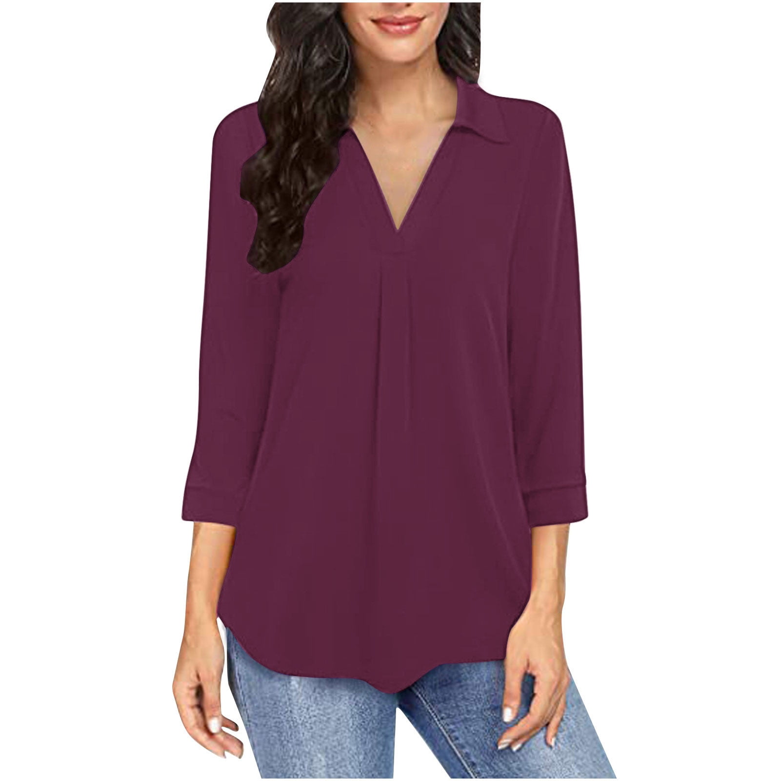 FAIWAD Womens 3/4 Sleeve Tunic Tops Business Casual Collared Tops Loose ...