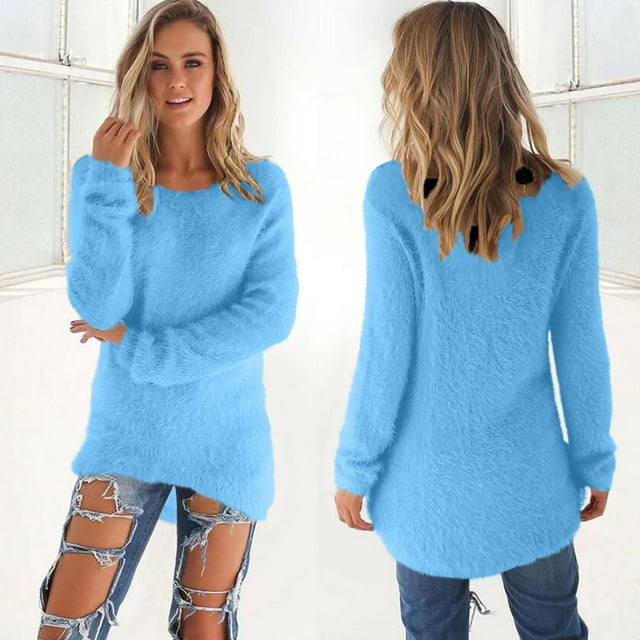 FAIWAD Womens Cozy Fuzzy Sweaters Long Sleeve Round Neck Thermal Warm ...